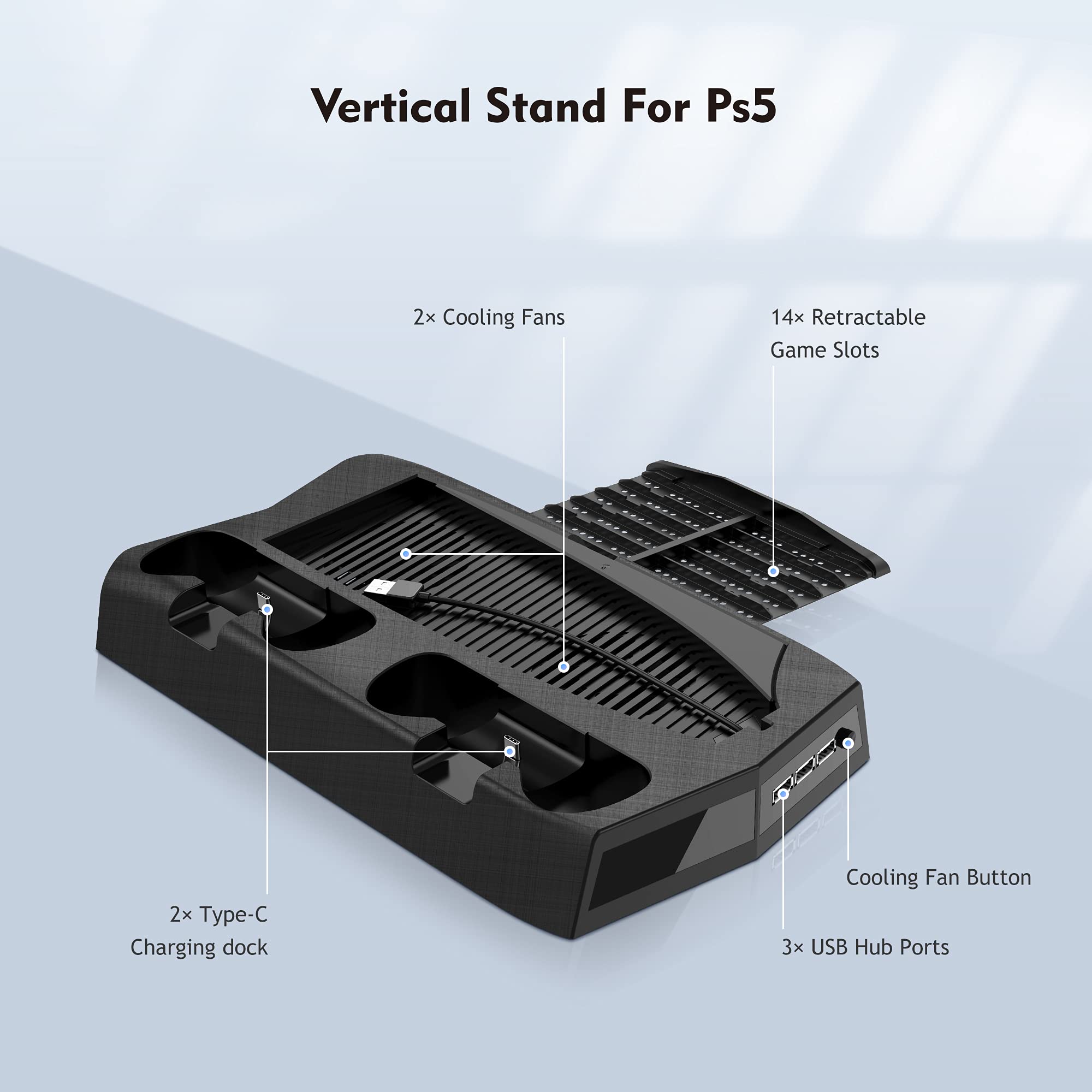 KIWIHOME PS5 Accessories Stand, PS5 Cooling Stand with Suction Cooling Fan and Dual Controller Charger Station for PS5 Console, 3 USB Ports &14 Game Slots for PS5 Digital & Disc Edition