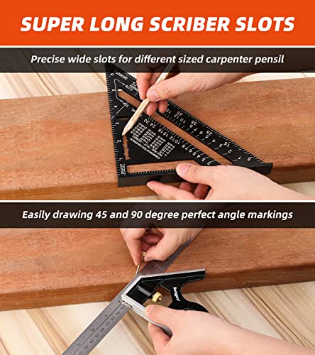 RONGPRO Rafter Square and Combination Square Tool Set, 7 Inch Triangle Carpenter Square Die-cast Aluminum Alloy and 12 Inch Zinc-Alloy Die-Casting Combo Square Ruler - Rafter Square Layout Tool