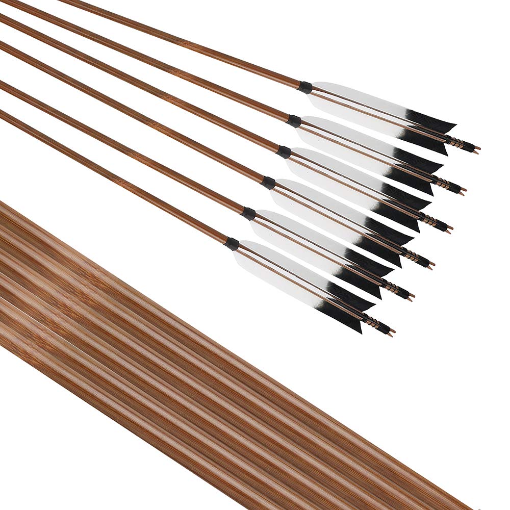 PG1ARCHERY Archery Bamboo Arrows, 12 Pack 28-39INCH Targeting Hunting Arrow Self Nock 6.2" Turkey Feather Fletched for Longbow Traditional & Recurve Bow (30 INCH)