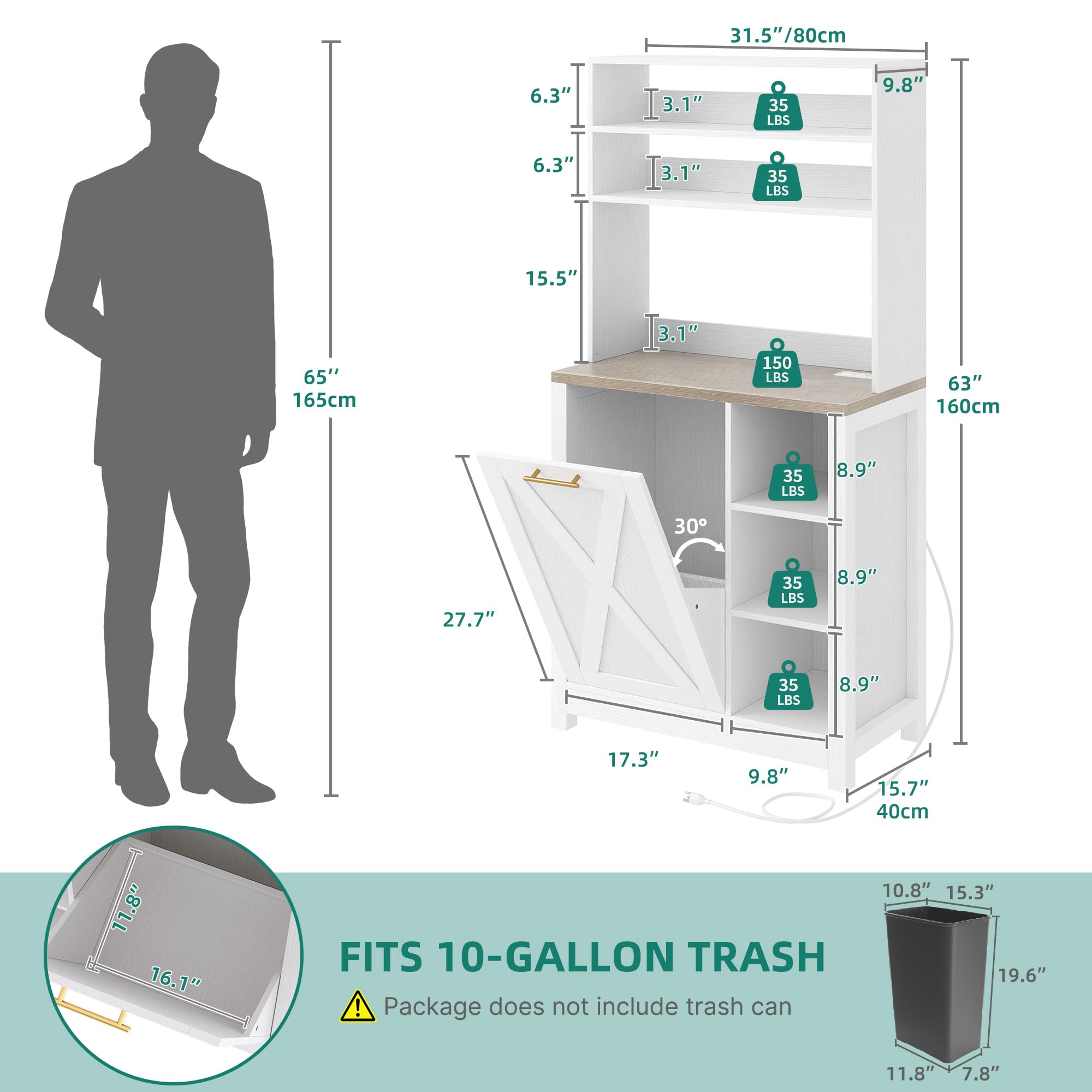 YITAHOME Tilt Out Trash Can Cabinet 10 Gallon with Power Outlet, 6-Tiers Tall Recycling Garbage Bin Cabinet with Storage Shelf, Laundry Hamper Cabinet for Kitchen, White