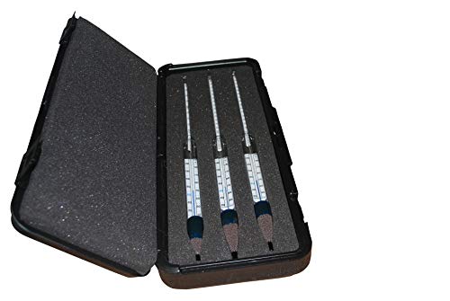 Set of 3 SafetyBlue ThermoHydrometers with The Following ranges 0-8.5%, 7.5-16.5%, 15.5-24% Plato X 0.1% All with a 0/50C X1C Thermometer. Supplied in a Sturdy Plastic case with Foam Inserts