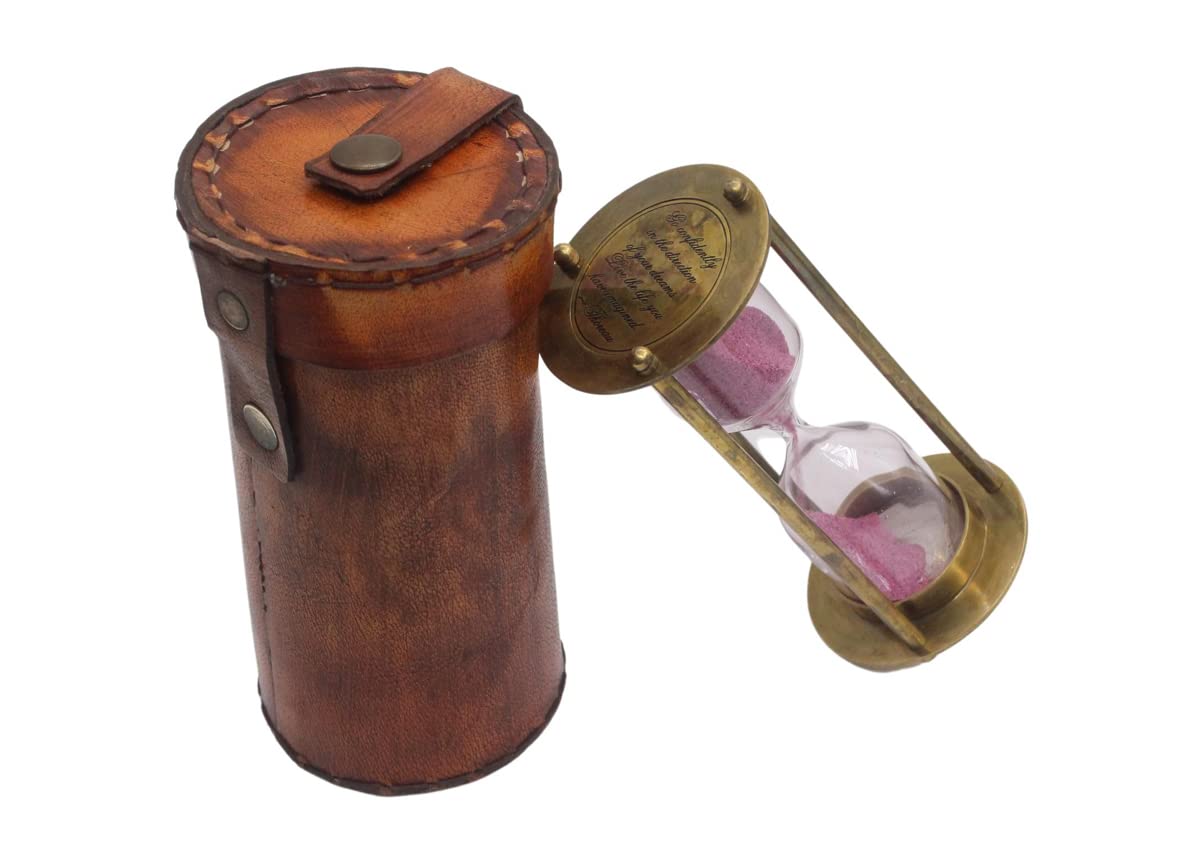 ROORKEE Instruments Nautical Brass Hourglass, Sand Clock, Sand Timer with Thoreau's Go Confidently Poem Carved on Both Sides, Metal Sand Watch with Beautiful Leather Case, Home, Desk, Office Décor.