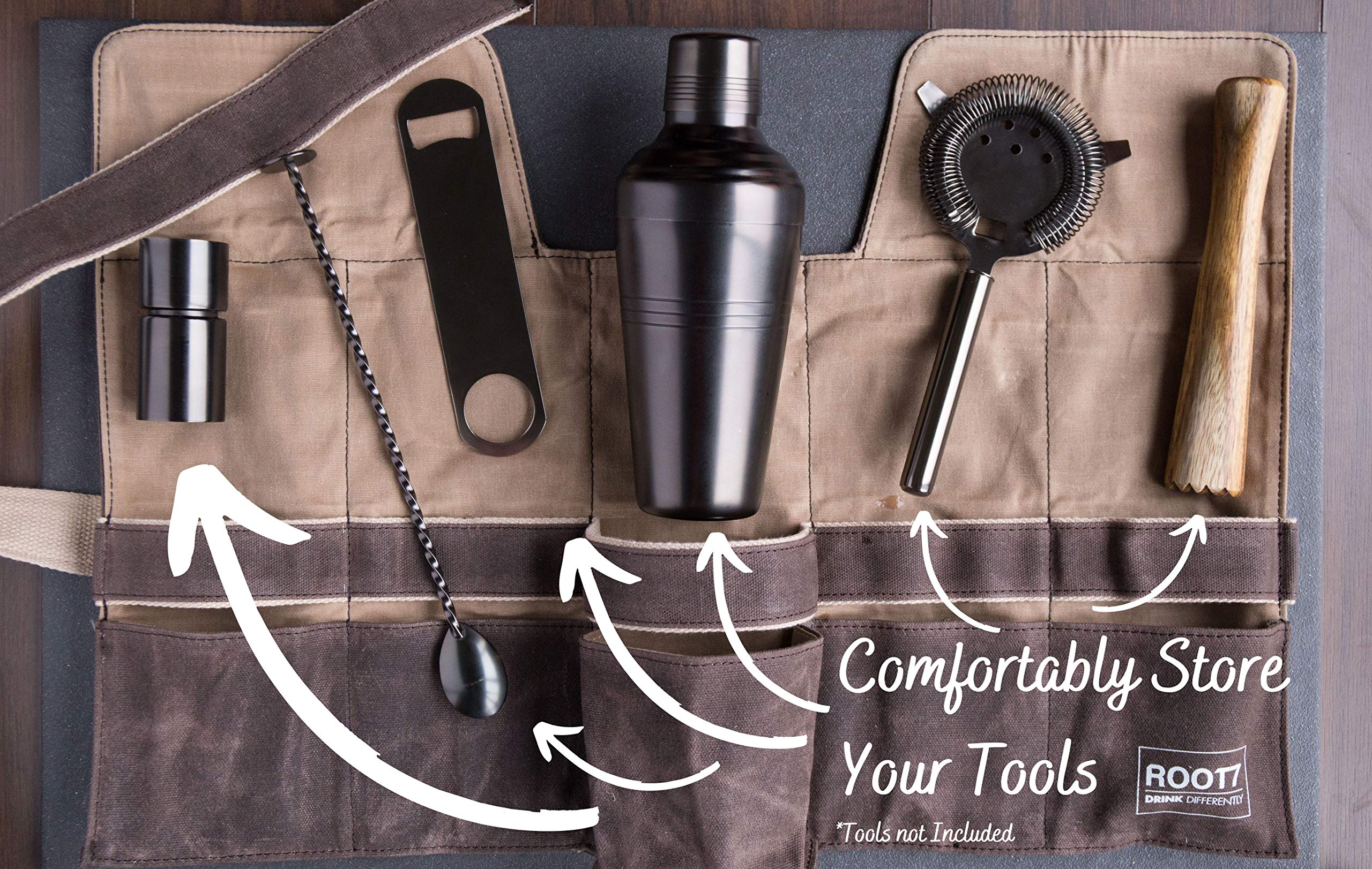 Root7 Bartender's Wax Canvas Cocktail Bag for Carrying Boston Cocktail Shaker, Muddler, Jigger and Bartender Tools