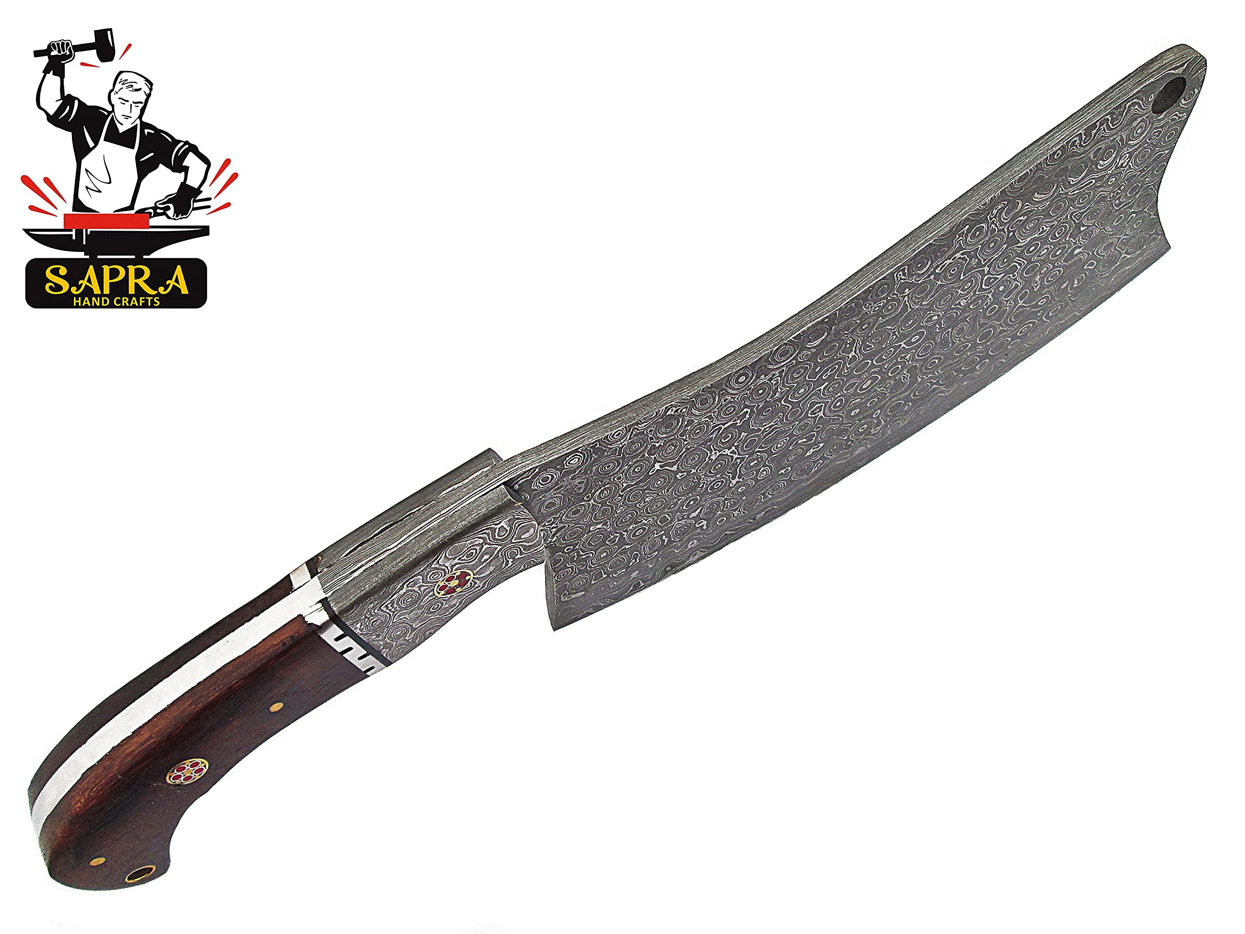 Sapra Damascus steel 10.75β Inches Meat Cleaver Chef Butcher Vegetable frozen Boning Cleaver Knife Heavy Duty Sharp Edge Full Tang Meat Cleaver Bone Copper with Genuine Leather Sheath