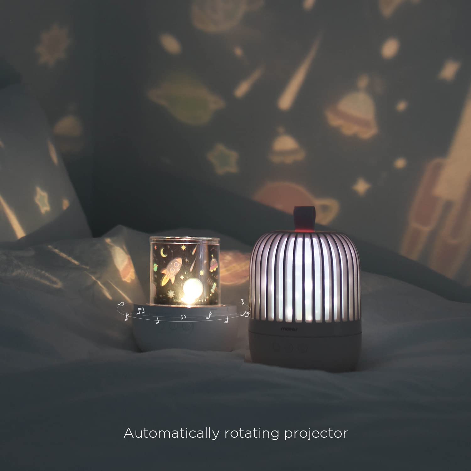 mooas Wonderland Rotating Projector Melody Nightlight (White), 360° Rotating Nightlight, Nightlight for Kids Baby Room, 4 Lighting Modes and 8 Melodies, 9 Theme Films, 1200mAh Rechargeable Battery