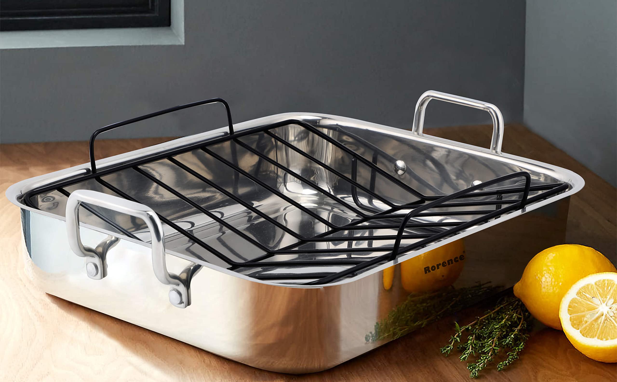 Rorence Roasting Pan with Rack: 16-Inch Stainless Steel Rectangular Turkey Roaster pan with Nonstick V-Shaped Rack for Thanksgiving Christmas – Set of 5
