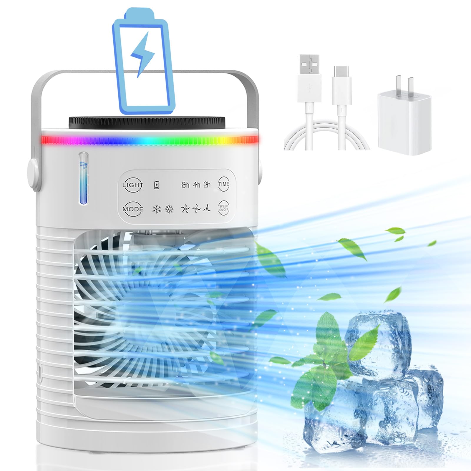 Portable Air Conditioners,Rechargeable Air Conditioner Fan with 6000mAh Battery,3 Speed Personal Evaporative Air Cooler with 3 Mist&3 Timer&Colors Light,Mini AC Cooling Fan for Bedroom,Camping