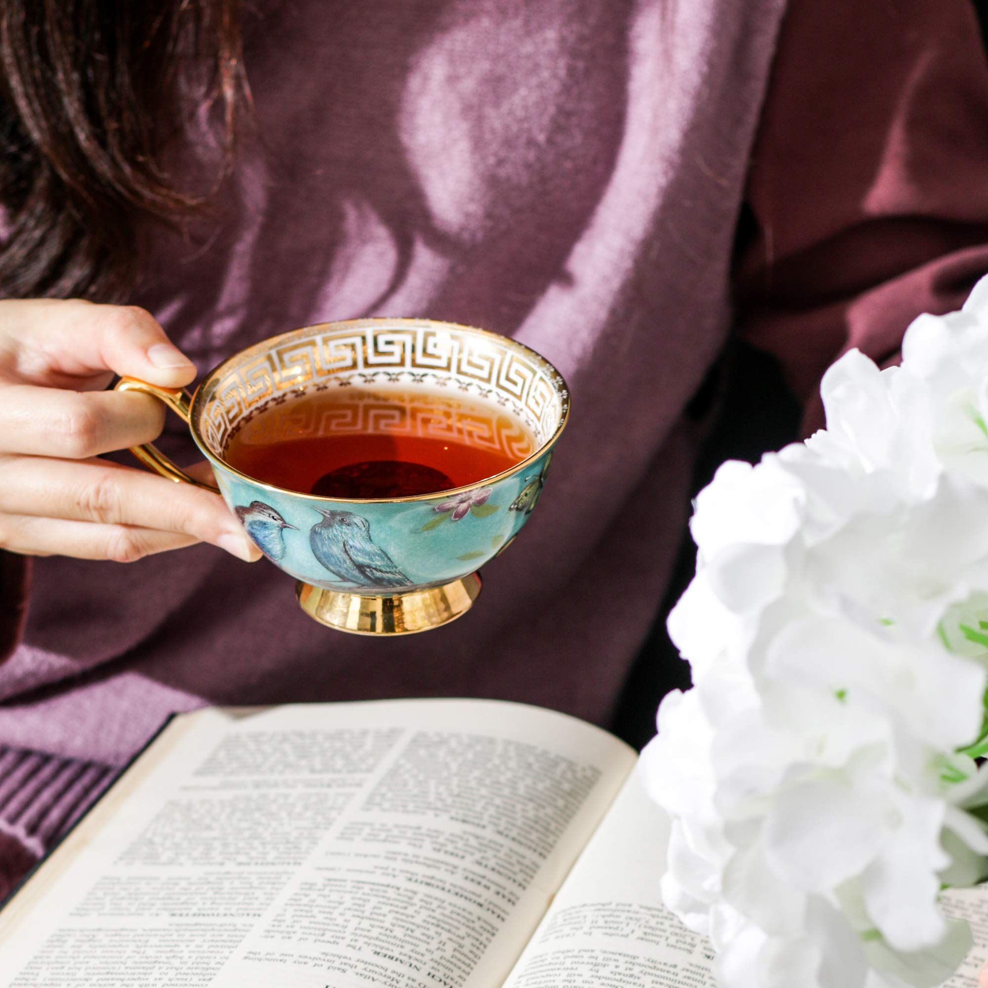Panbado 3 Piece Bone China Tea Cup Saucer Set with Spoon Porcelain Gold Rimmed Teacup Coffee, Flower and Birds, 200 mL/6.8 oz, Blue Cup & Saucer, Dark