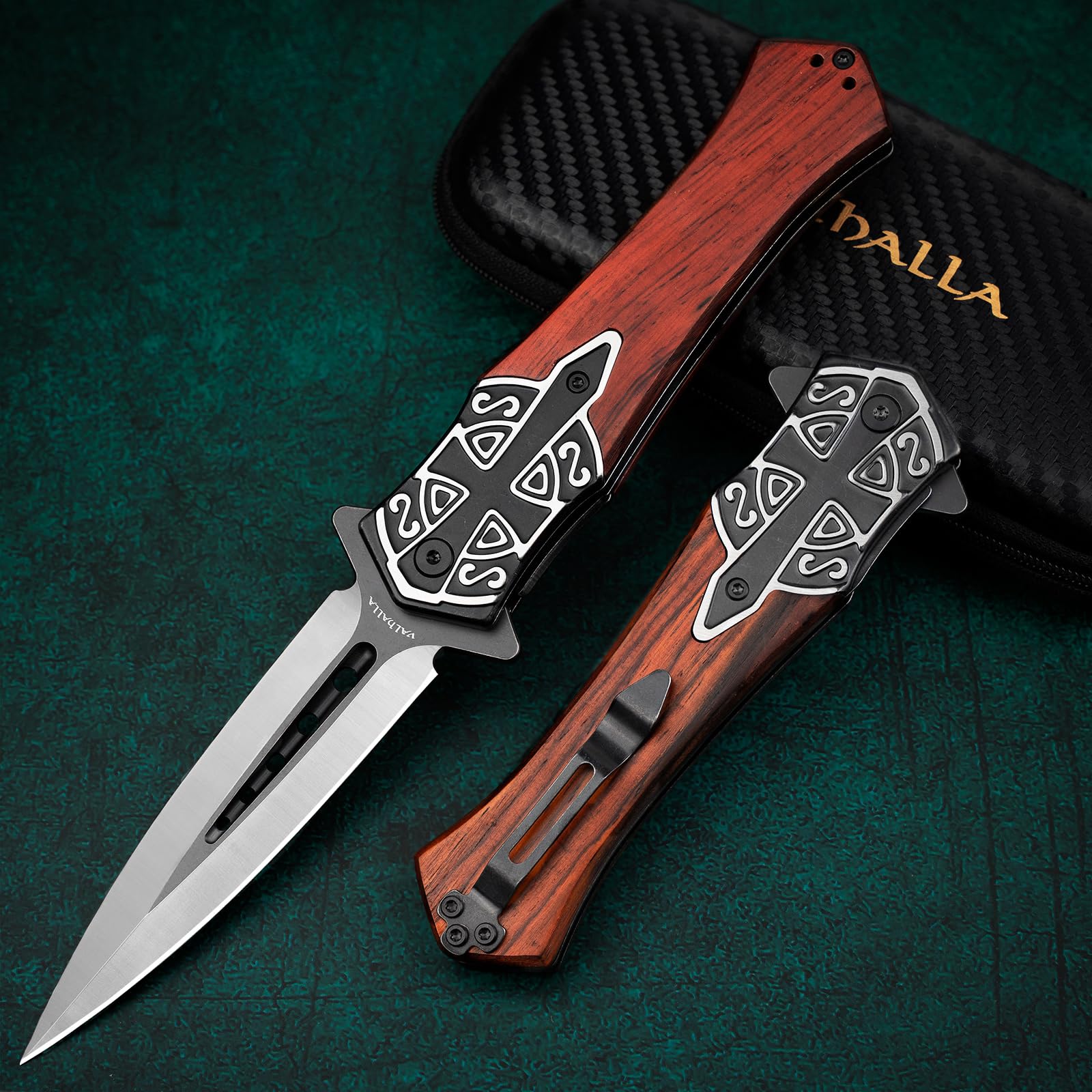 VALHALLA PASTOR 2 Pocket Knife, 3.7'' D2 Steel Cool knives, 3D Retro Embossed Folding Knife with Wooden Inlay, Pocket Knife For Men, Liner Lock, Gift for men women