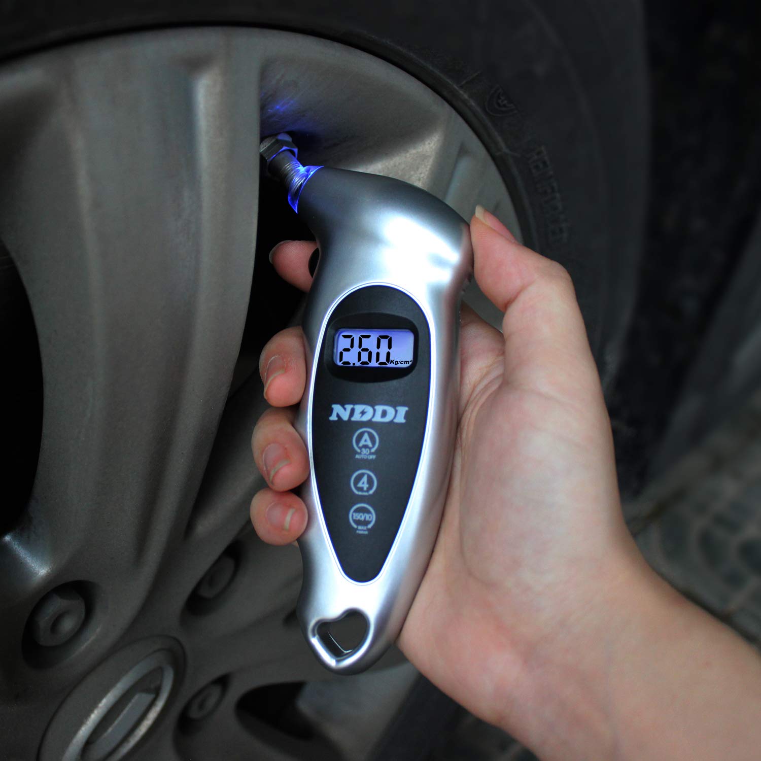 NDDI 2 Pack Digital Tire Pressure Gauge, 150 PSI 4 Settings Car Truck Bicycle Backlit LCD Non-Slip Grip, Gray and Red.