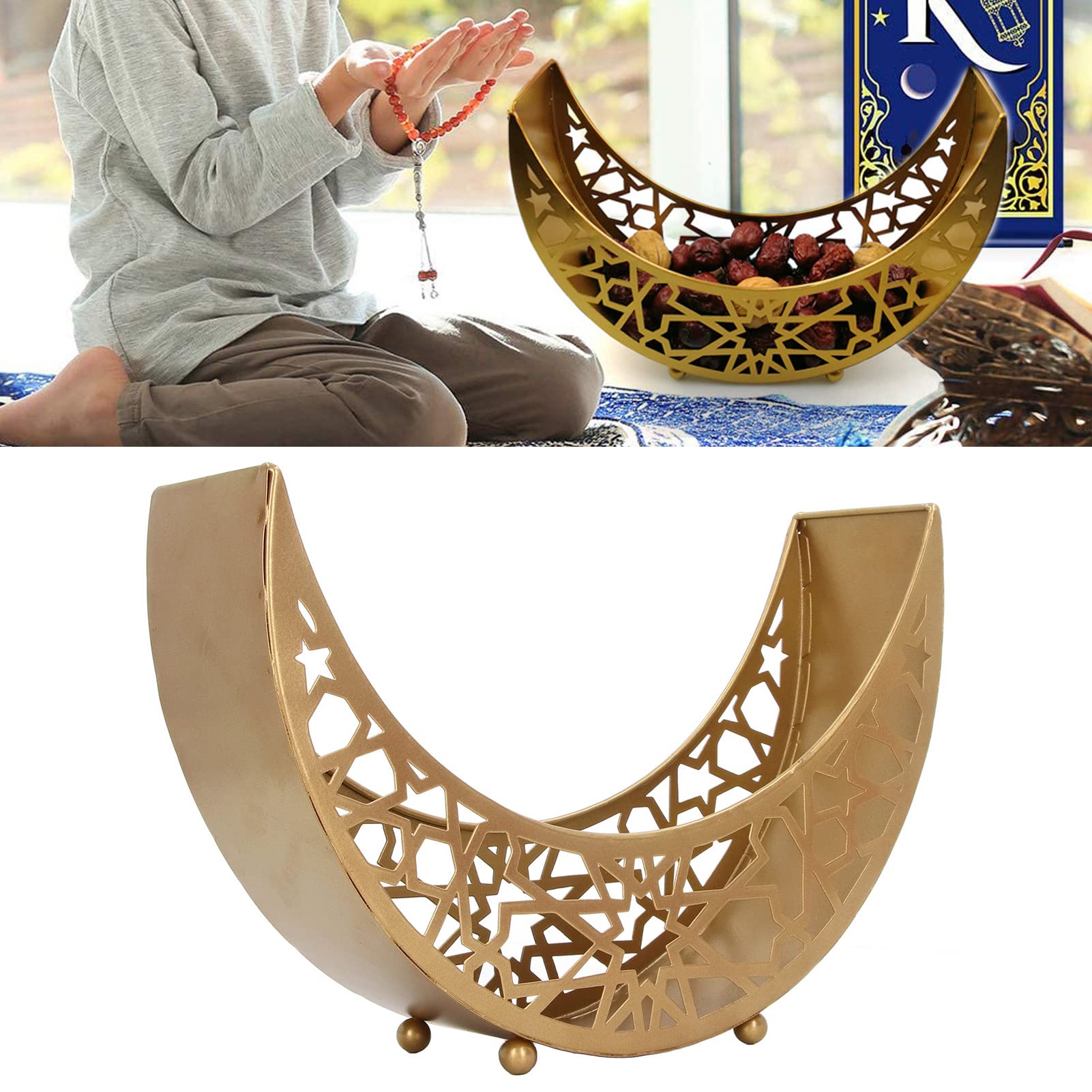 Moon Shape Ramadan Tray, Large Capacity 11.8x8.3x3.1in Decorative Iron Serving Tray, EID Tray Can be Used as Cake Display Stand for Snacks, Fruit, Bread