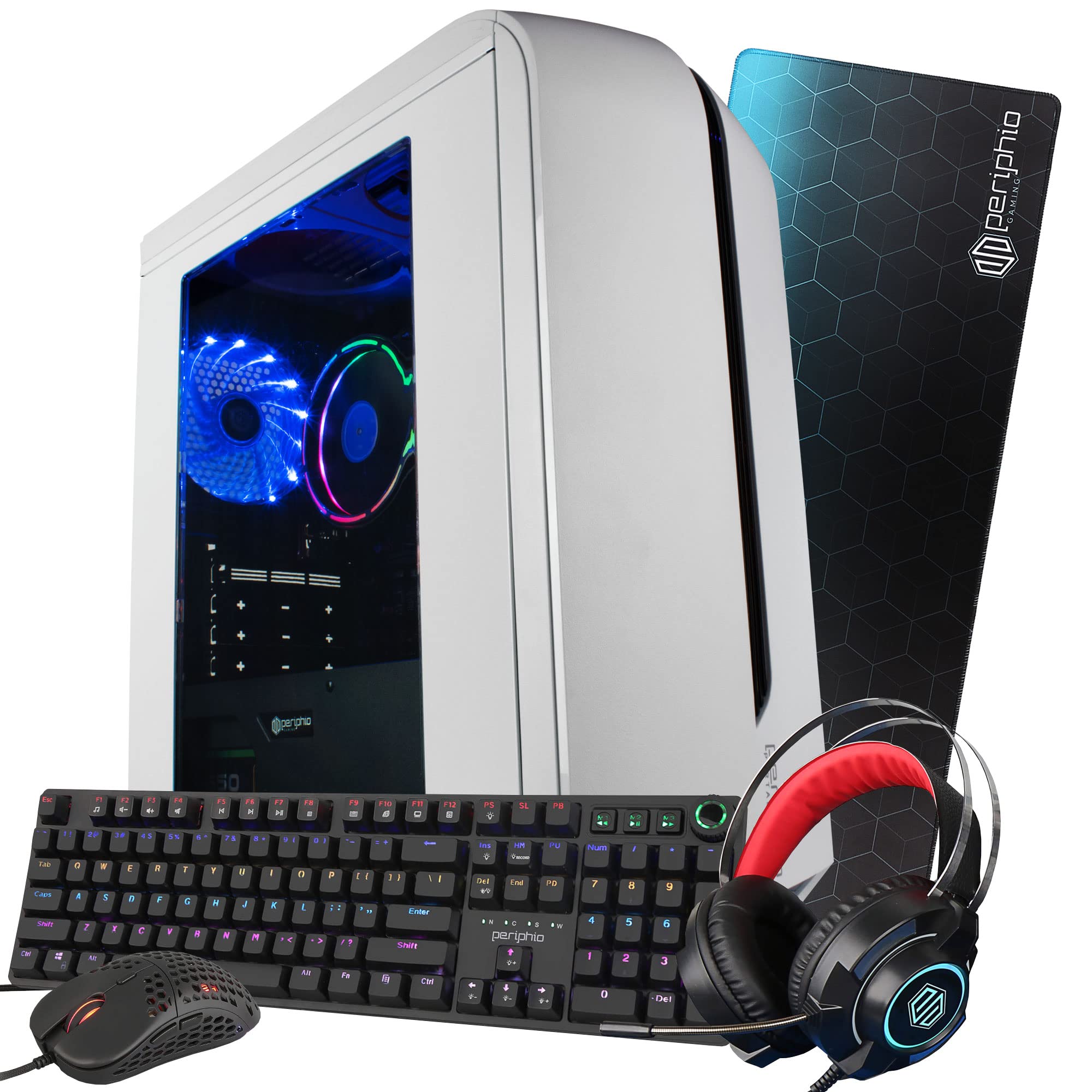 Periphio Warp Gaming PC with AMD Athlon 3000G, Radeon Vega 3 iGPU, 500GB SSD, 16GB DDR4 RAM, Windows 10, 4-in-1 RGB Gaming Bundle, and XXL Desk Mat