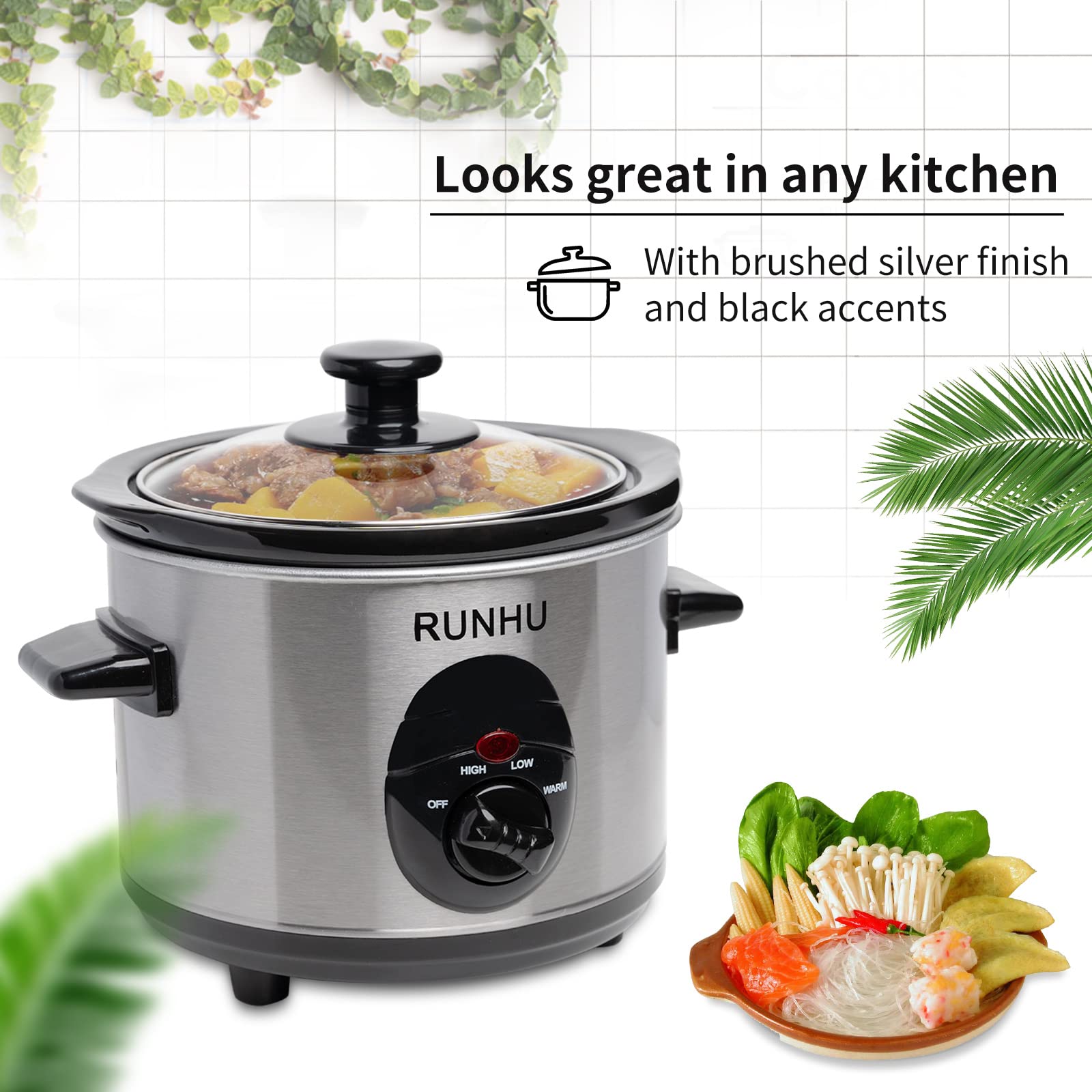 RUNHU Slow Cooker, 1.5-Quart Ceramic Pot with Auto Warm and Adjustable Temp, Entrees, Sauces, Stews & Dips, Dishwasher Safe, Nutrient Loss Reduction, Round, Stainless Steel