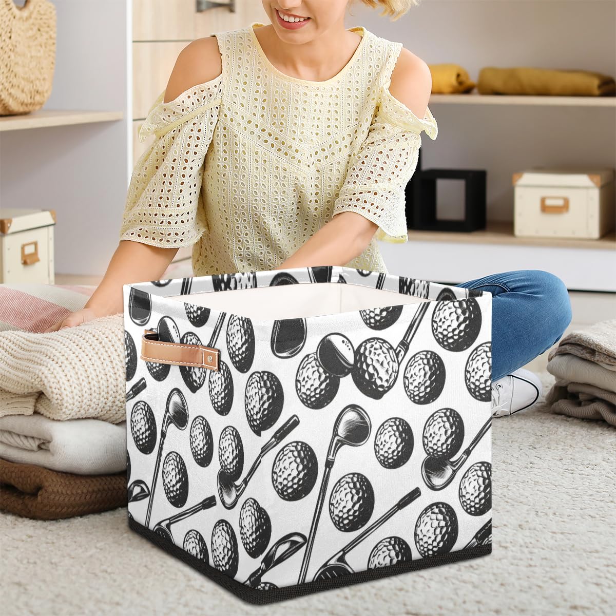 Tablerazzi Golf Ball Golf Sports Game Cube Storage Bin, 13 Inch Collapsible Fabric Storage Cube Bin, Foldable Cube Baskets for Shelf, Closet, Organizer