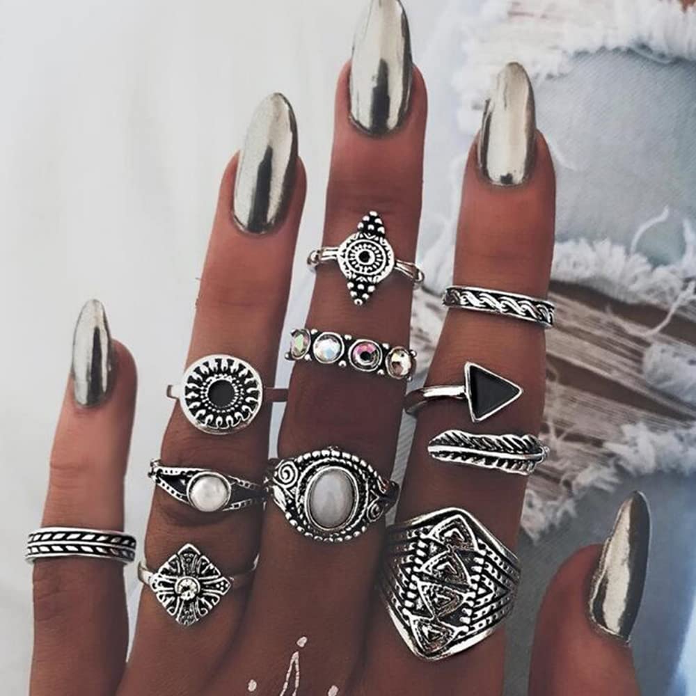 Octwine 10cs Silver Bohemian Statement Knuckle Rings Black Carved Stackable Rings Stacking White Crystals Ring Jewelry for Women and Girls