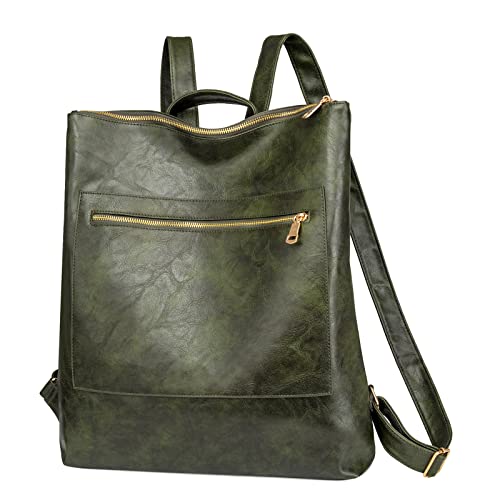 QTKJ Leather Backpack, Large Leather Purse, Vegan Leather Handbag, with Adjustable Shoulder Strap, Tote Bag for Women Travel, Work, Vacation, Green