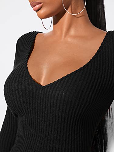 Verdusa Women's Deep V Neck Long Sleeve Ribbed Knit Fishtail Maxi Bodycon Sweater Dress Black XS