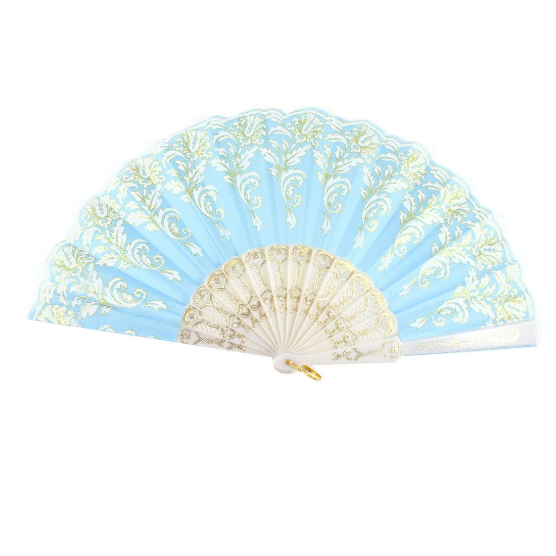 Qtqgoitem Gold Tone Powder Detailing White Plastic Ribs Blue Fabric Folding Hand Fan (model: 48b 238 4f8 99b 981)