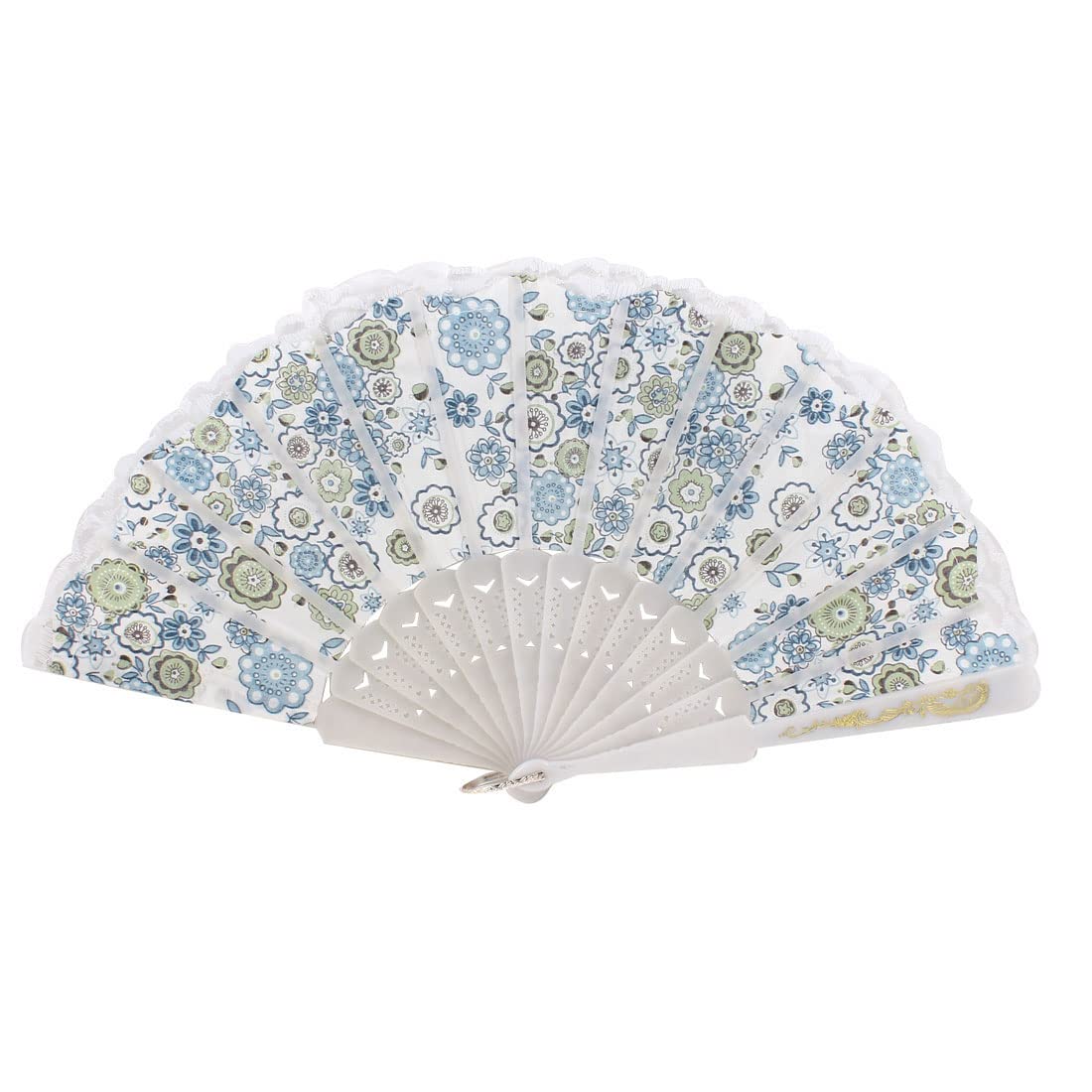 Qtqgoitem Lace Flower Print U Ring Folding Hand Fan White Silver Tone (model: 526 d05 c52 11c 413)