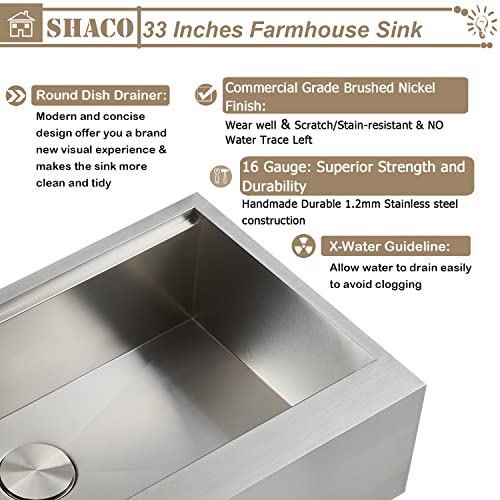 SHACO 33 Inch Farmhouse Sink, 33x20x9 Stainless Steel Farmhouse Kitchen Sink, 9 Inch Deep Brushed Nickel Single Bowl Ledge Workstation Sink, Apron Front Farm Sink with Cutting Board