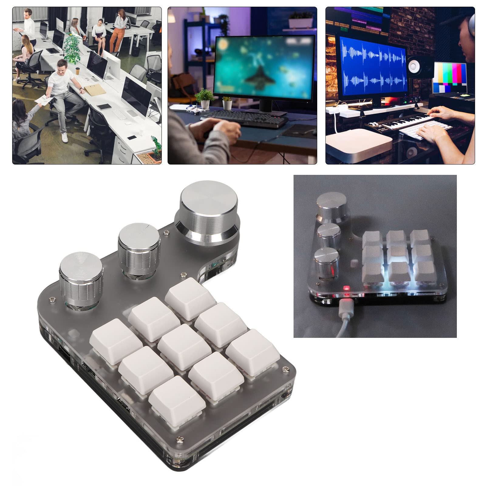 TOPINCN Mini Gaming Keyboard, 9 Keys 3 Buttons Mini Custom Keyboard for Video Editing (White)