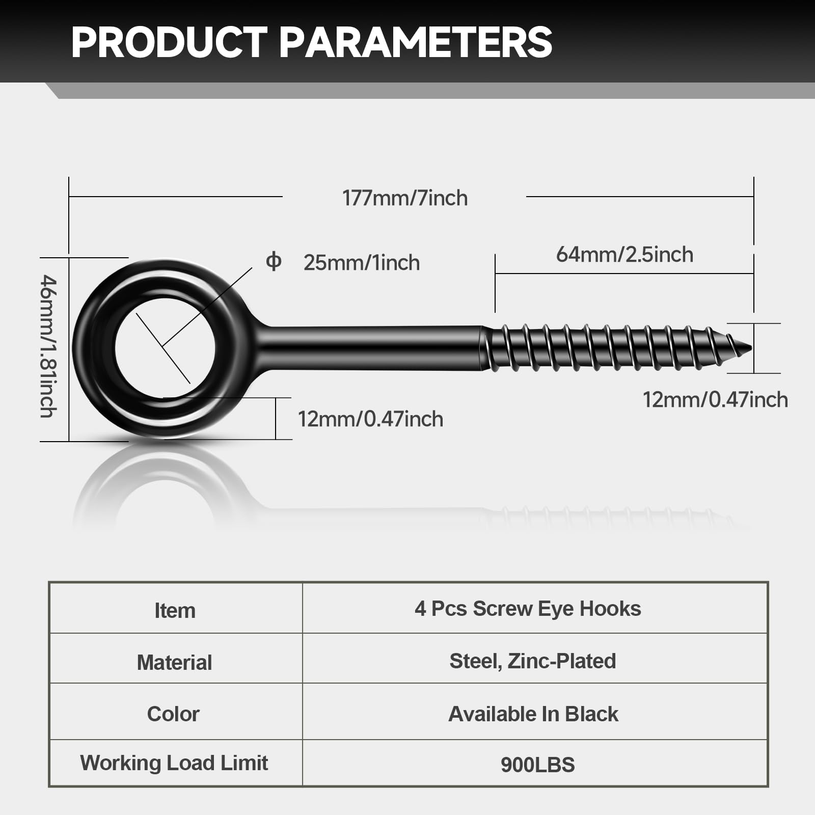 XIEKRAB 7 inch Eye Bolts - 4 Pcs Eyes Hooks Screw Heavy Duty 900 lbs Breaking Strength Black Rust-Resistant, Self Tapping Eyelet Screw for Wood Securing, Hammock Stand, Indoor & Outdoor Use