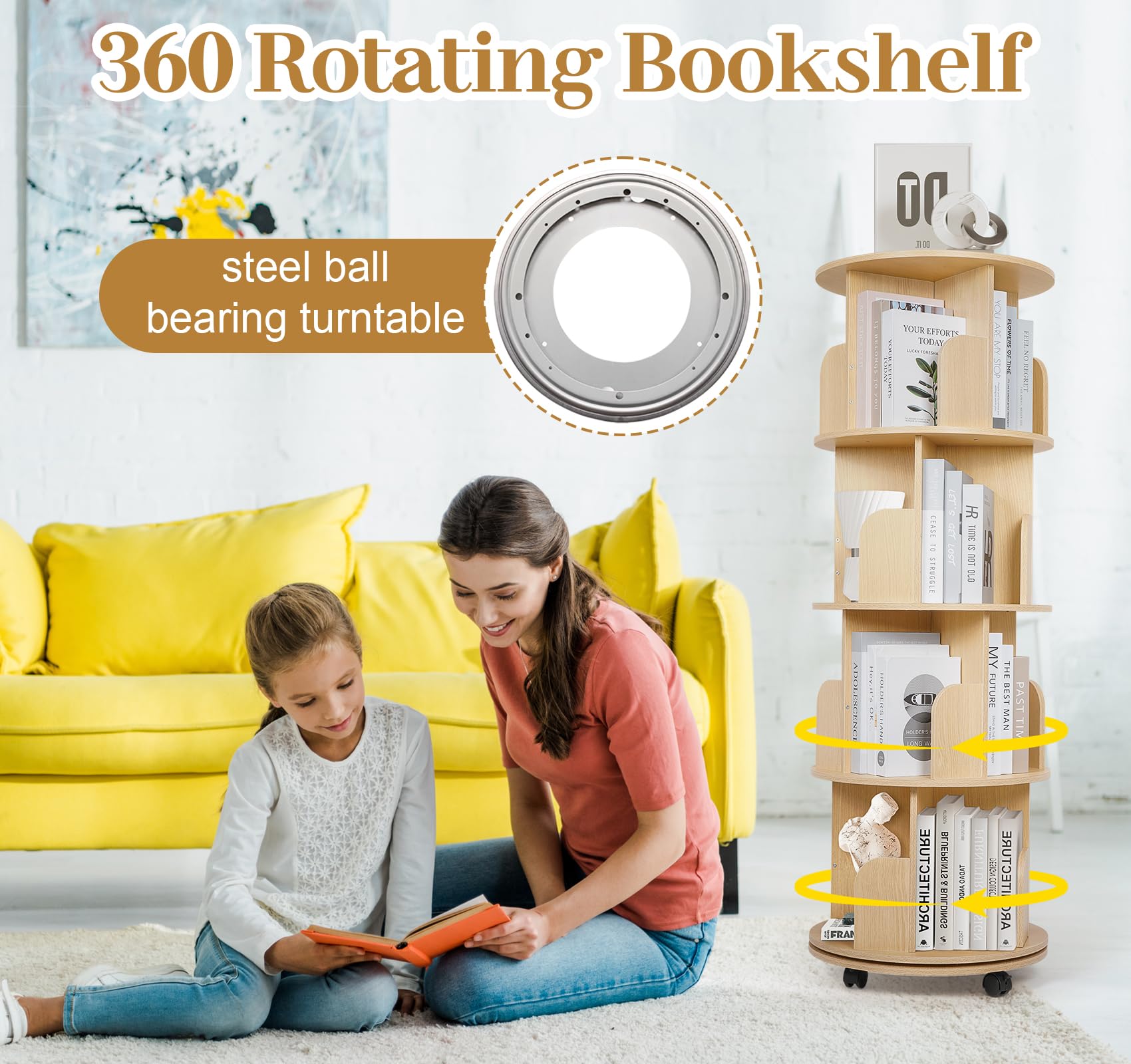 tonchean 4 Tier Rotating Bookshelf Tower,Wood Revolving Bookcase with Wheels Vertical Kids Toddler Bookshelf with Storage,Corner Display Bookshelf Rack for Library Study Office Living Room