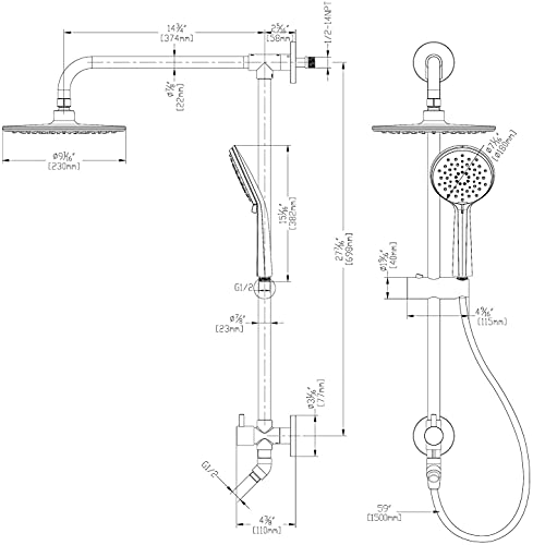 SOKA 9 Inch Rain Shower Head with Handheld Shower Head Bathroom Rain Shower System Dual Shower Combo 3-Setting Handheld Sprayer with Shower Hose Bathroom Shower Faucet Set with Slide Bar Matte Black