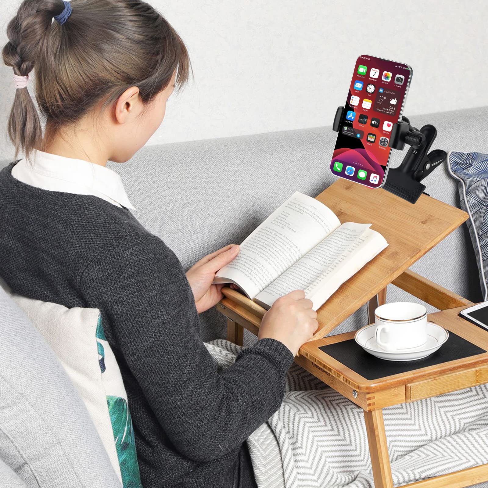 Mippko Clip Clamp Phone Holder for Desk/Table/Glass Door/Desktop Baffle/Easel,Compatible with iPhone/Nexus/HTC/LG/Huawei/Smart Phones,360°Adjustment Aluminium Alloy Arm Metal Mount