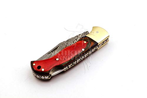 Skokie Knives Custom Hand Made Damascus Steel Hunting Folding Knife Handle Pakka Wood