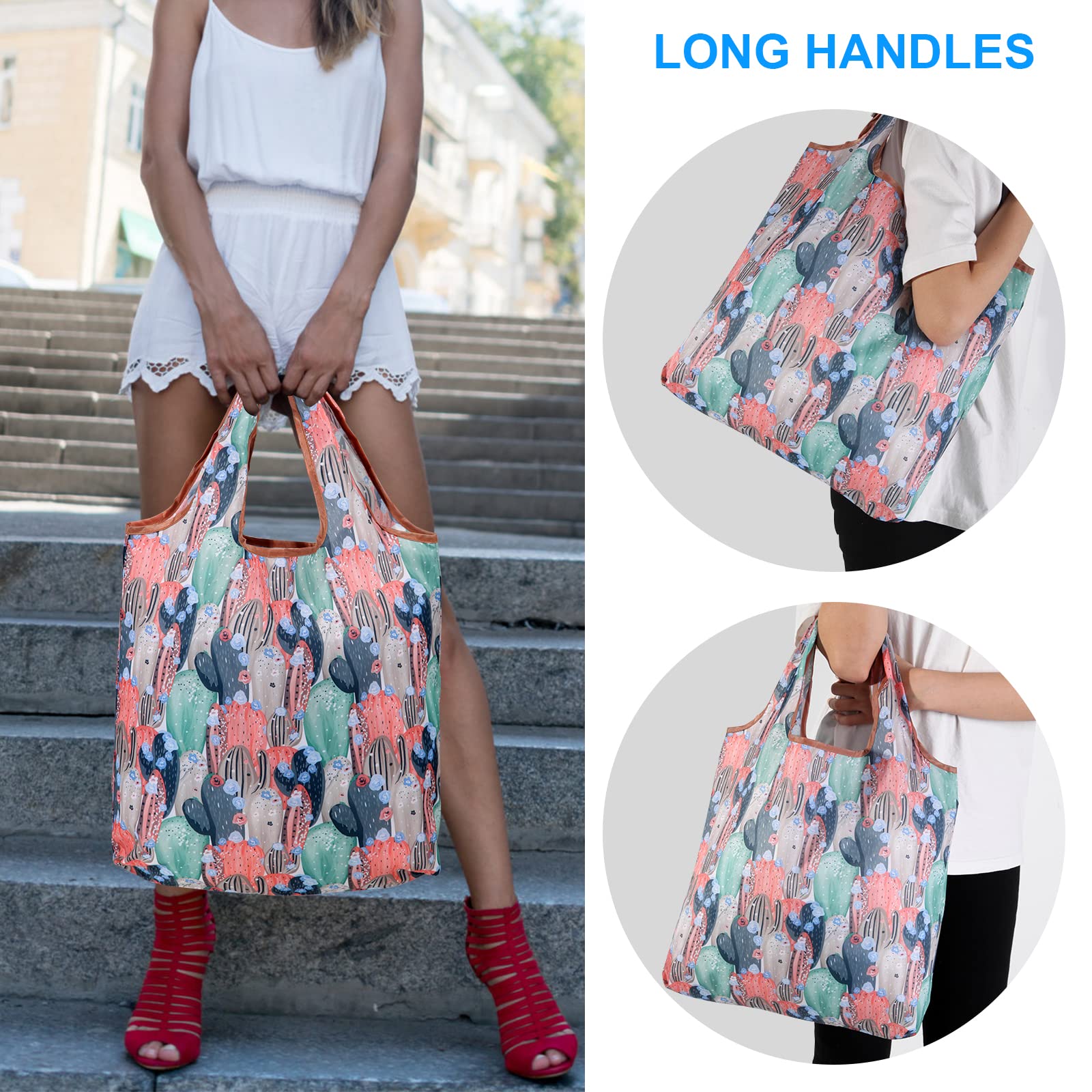 Oudduo Floral Washable Bag for Grocery 6 Pack Foldable Grocery Bag Polyester Shopping Tote Heavy Duty Durable