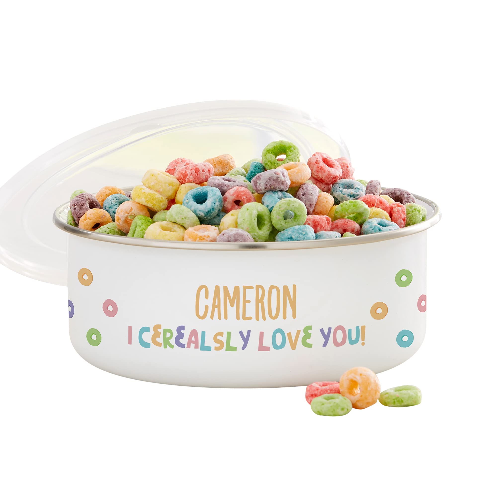Personalization Universe I Cerealsly Love You Kids Enamel Cereal Bowl with Lid, Customizable with Name, Ideal for Snacks, Soup, and Cereal, White, 5.5" Diameter, Ramen, Ice Cream, Soup Bowl