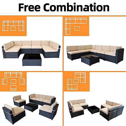 yoyomax 7 Piece Furniture Clearance, All-Weather PE Wicker Couch Sectional Sofa for Outdoor Backyard Poolside Balcony, Patio Conversation Set with Coffee Table, Khaki Cushion