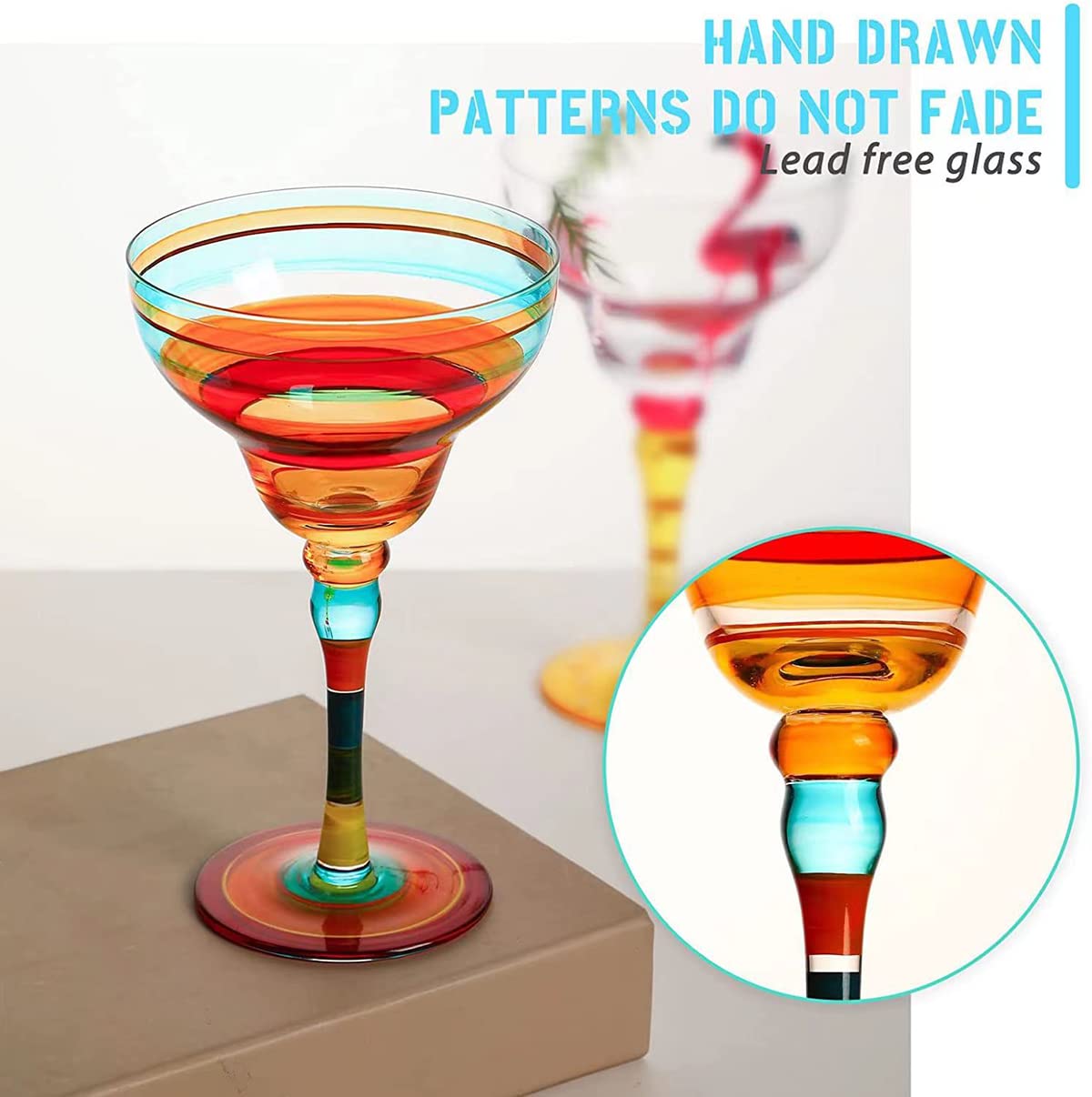 Painted Margarita Glass, Mexican Collection Stemless Margarita Glasses Cup Set Unique/Decorative Hand Blown Glassware Margarita Glasses,D