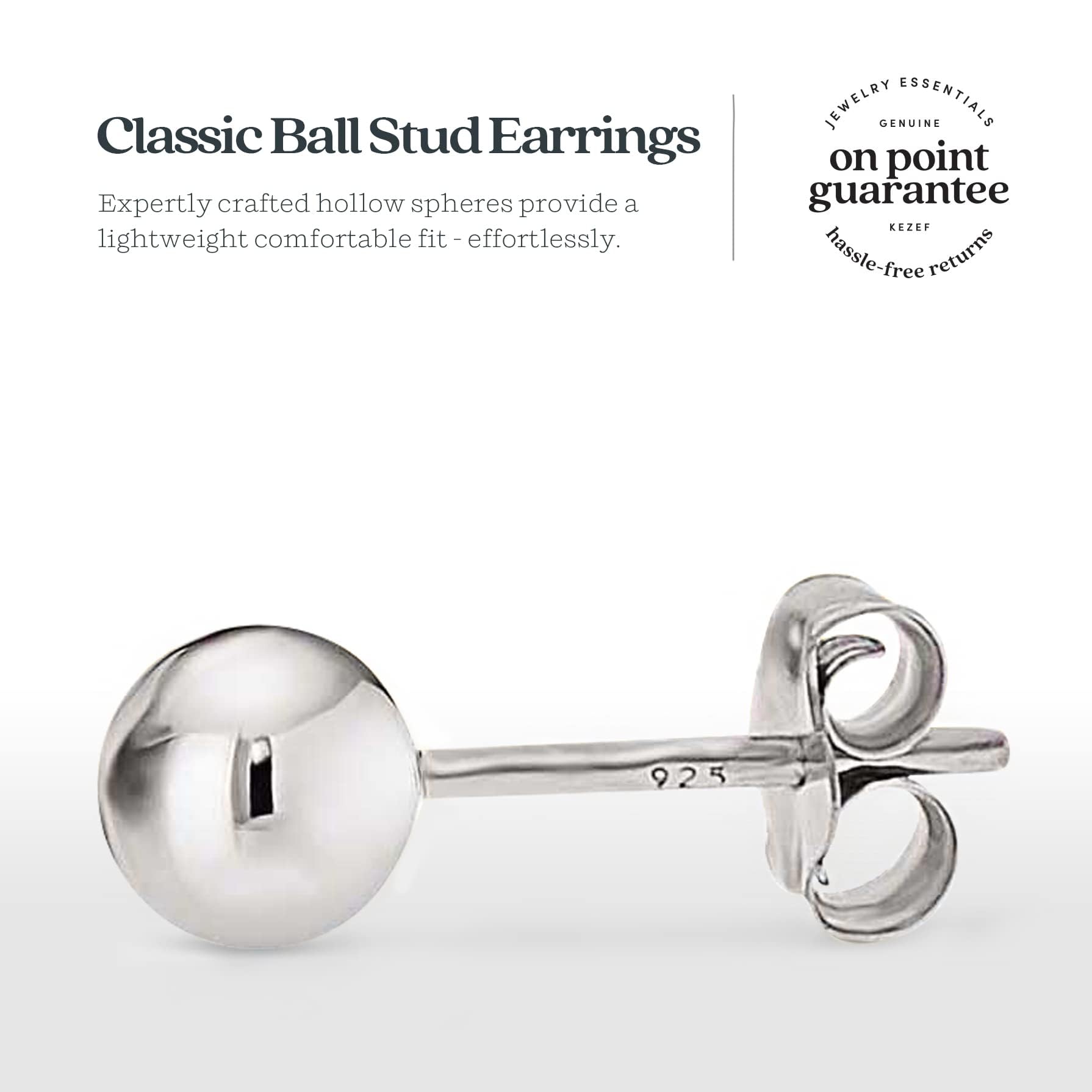 KEZEF 925 Sterling Silver Ball Stud Earrings for Women - Hypoallergenic Lightweight Small Stud Earrings for Women | 2mm Ball Earrings
