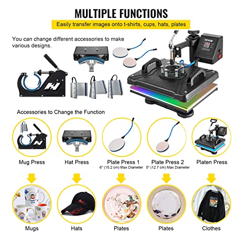 VEVOR Heat Press Machine 12x15 inch 8 in 1 Combo Digital Multifunctional Sublimation Heat Transfer Machine 360 Degree Rotation Swing Away for Printing T Shirts Hat Mug Cap Plate