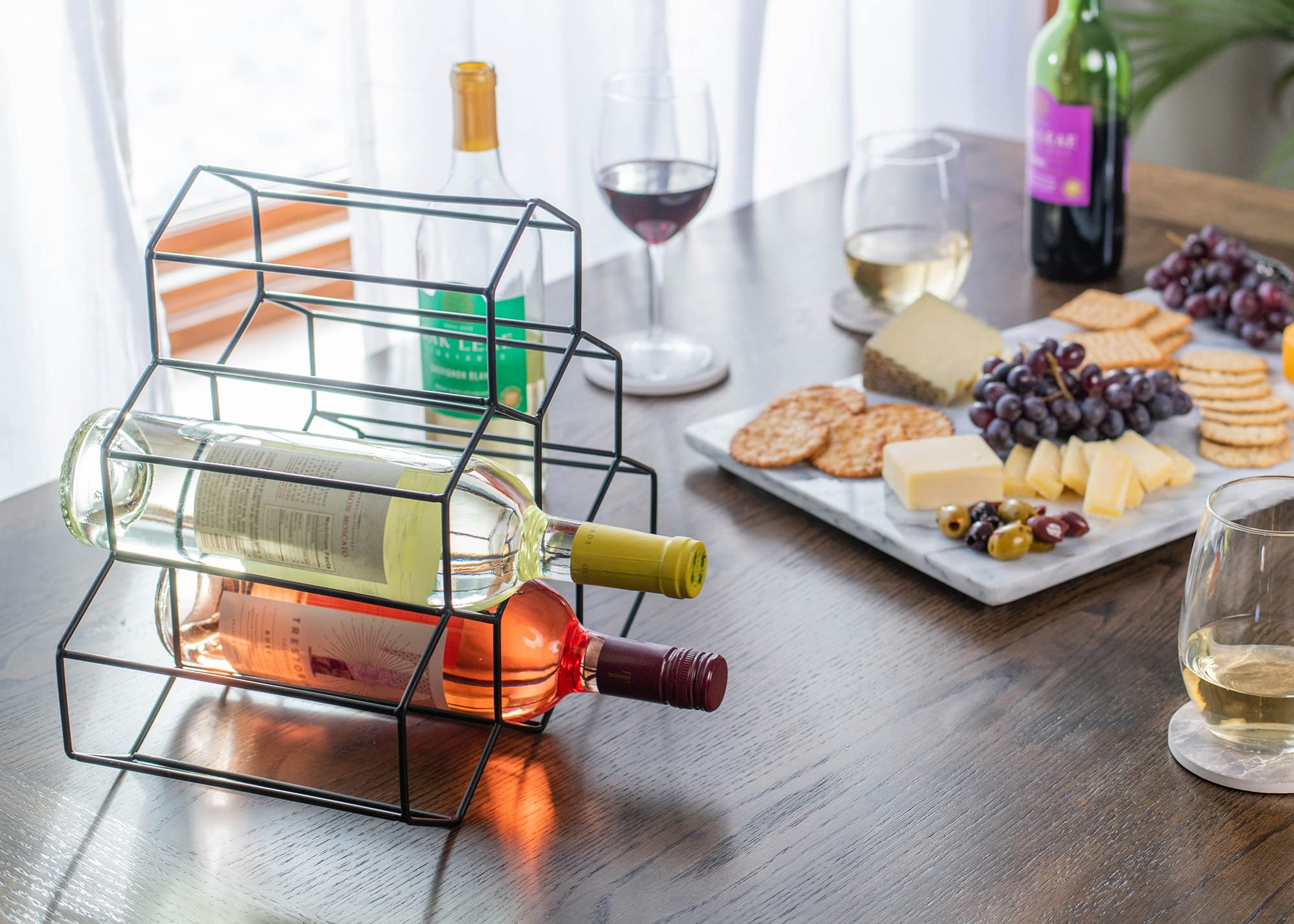 NAT & Jules Honeycomb Black Iron Metal Tabletop Wine Rack - Perfect for Kitchen Countertop, Pantry or Cabinets Display or Storage - Hold 6 Bottles, Black