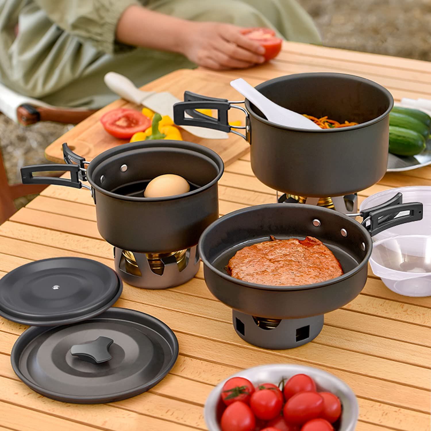 Odoland 14pcs Camping Cookware Mess Kit, Camping Cooking Set, Portable Nonstick Camp Pots and Pans Set with Plates Bowls for Outdoor Camping, Picnic, Hiking, Backpacking