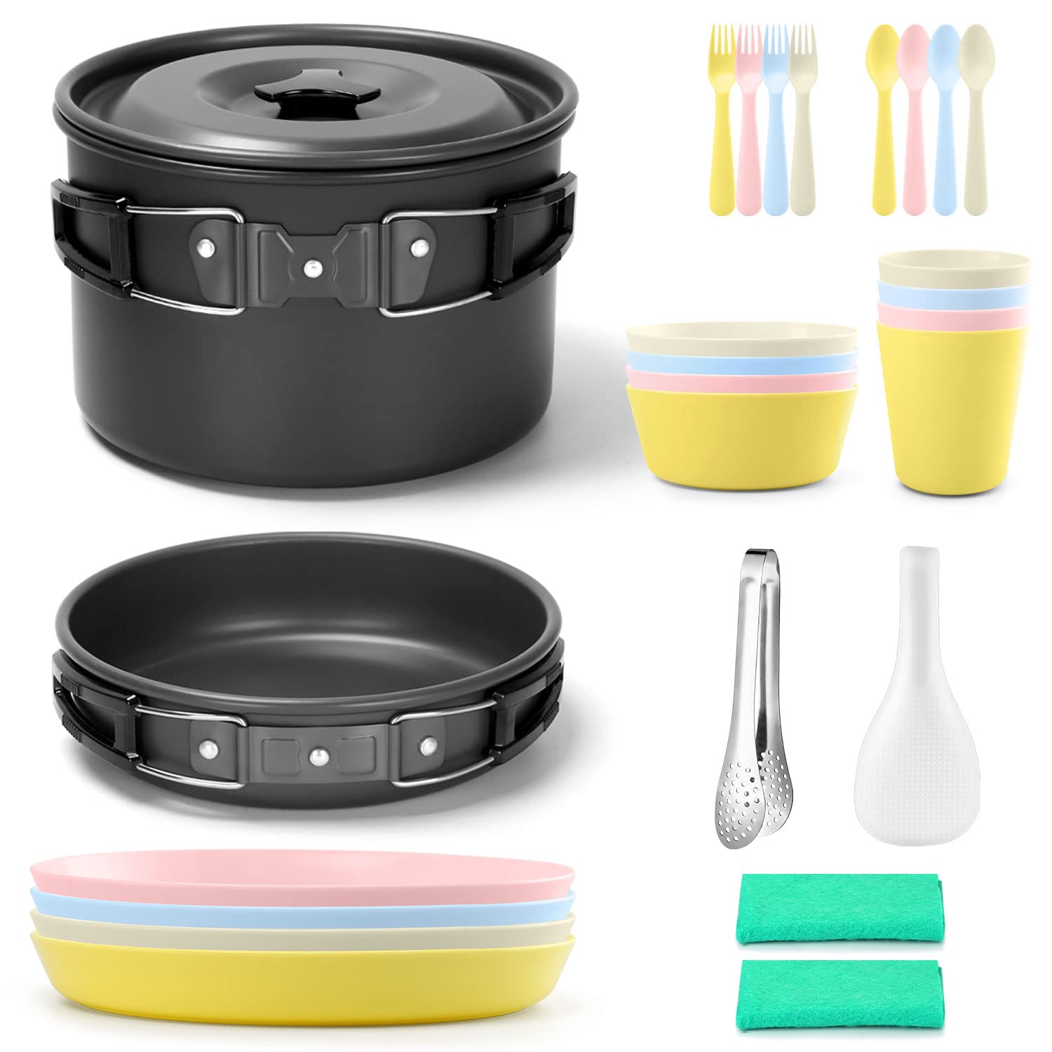 Odoland 27pcs Camping Cookware Mess Kit, Backpacking Cookware Pot Pan with Camp Plates Cups and Bowls, Non-Stick Portable Cookware Set for Outdoor Cooking, Camping Hiking, and Picnic