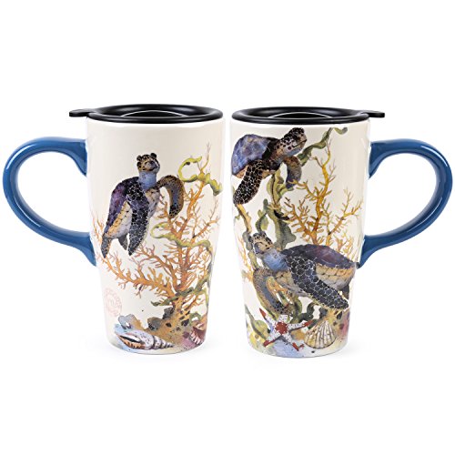 Minigift Ceramic Coffee Mug,Travel Cup with Lid,Handmade Milk Mug 16oz-Ocean Turtle