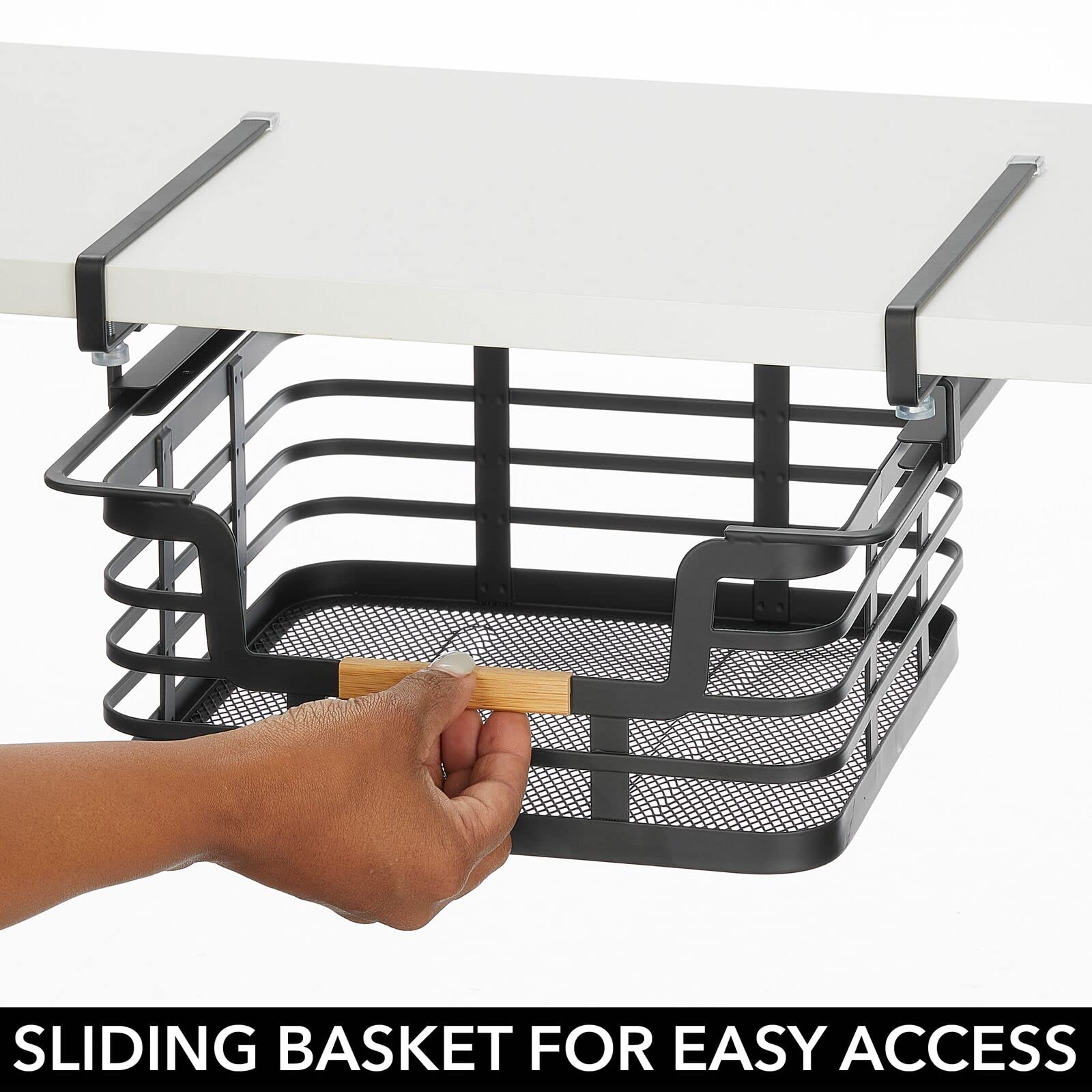 mDesign Metal Wire Under Shelf Storage Baskets for Kitchen Pantry, Closet, Hanging Pull Out Shelving Bin, Sliding Hanger Racks for Bread, Canned Goods, Condiments, Food, 2 Pack, Matte Black/Natural