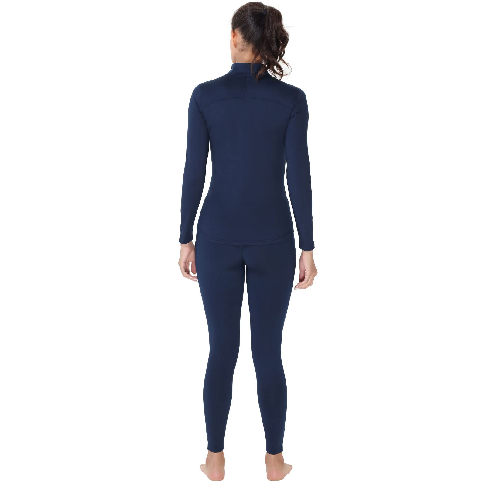 Odoland Thermal Underwear for Women, Winter Warm Skiing Base Layer Set Mock Turtleneck Sport Top & Bottom Navy Blue
