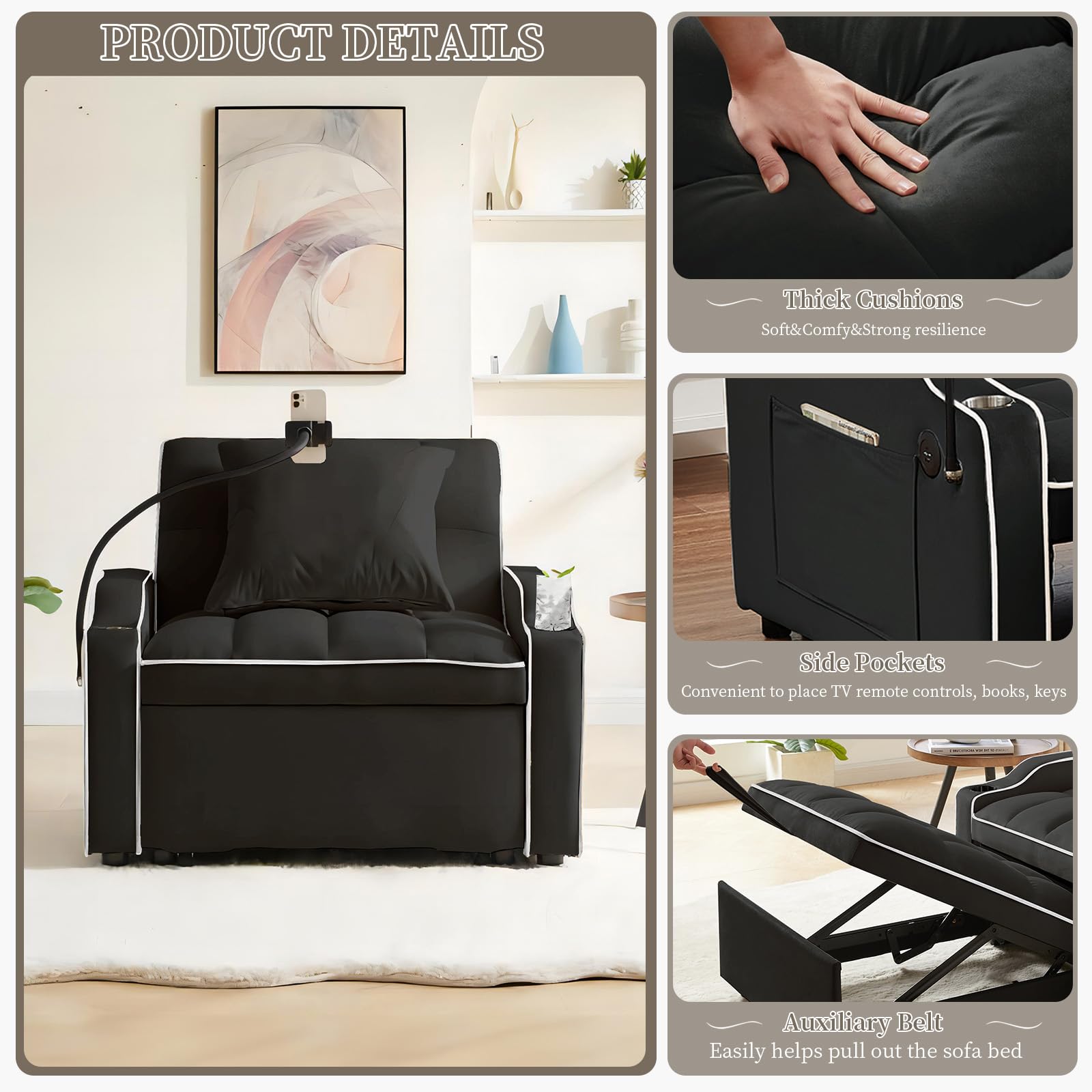 Sleeper Chair Bed,3 in 1 Velvet Convertible Single Pull Out Couch Bed with Phone Holder&USB/Type C Ports,Adjustable Backrest Chaise Lounge Armchair Sofa Bed for Living Room,Office,Small Places(Black)