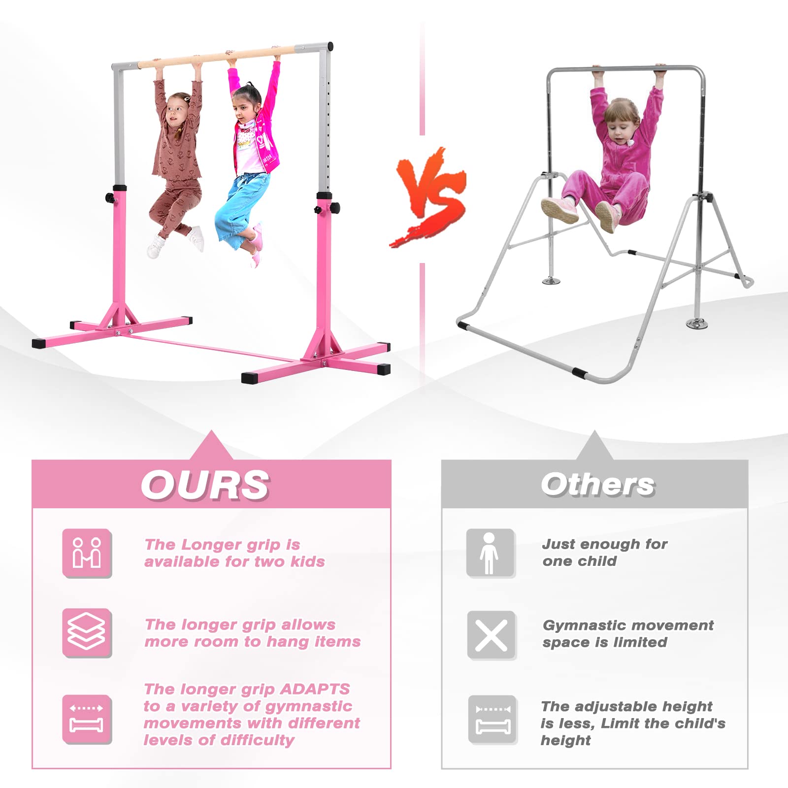 PanAme Expandable Gymnastics Kip Bars, 3' to 5' Adjustable Height Horizontal Bars, Home Gym Equipment for Junior Training Monkey Bars for Kids Indoor (Pink)