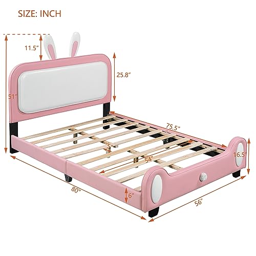 YSWH Full Size Upholstered Rabbit Shaped Princess Bed, Wood Platform Bed Frame with Bunny Ears Headboard and Bunny Tail Footboard, Kids Bedroom Furniture Fun Cute Rabbit Bed Pink Bed