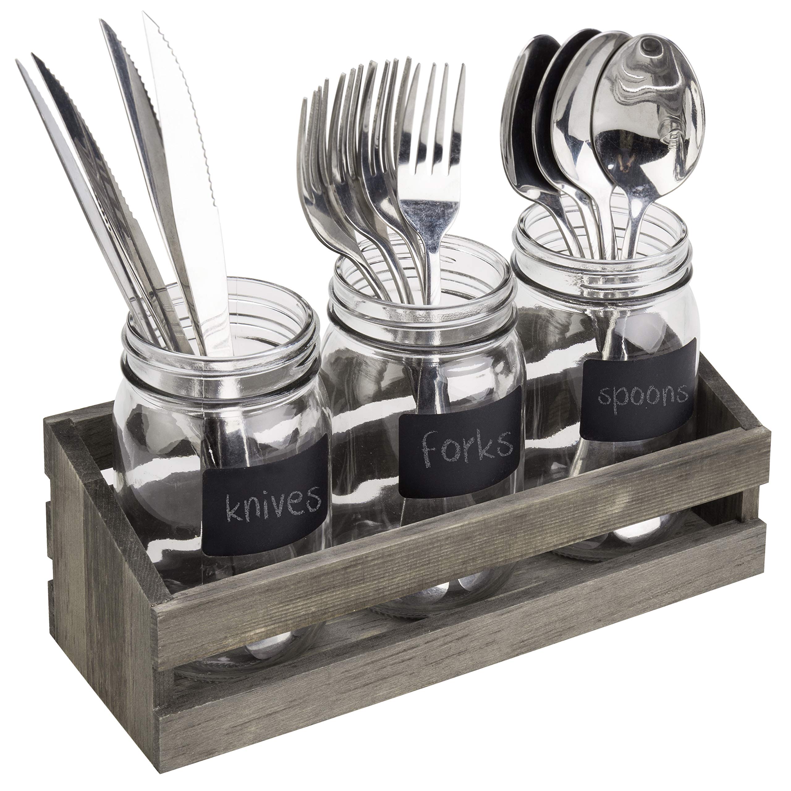 MyGift Gray Solid Wood Kitchen Countertop Flatware Utensil Holder, Casual Dining Flatware Caddy with 3 Mason Jars and Chalkboard Labels