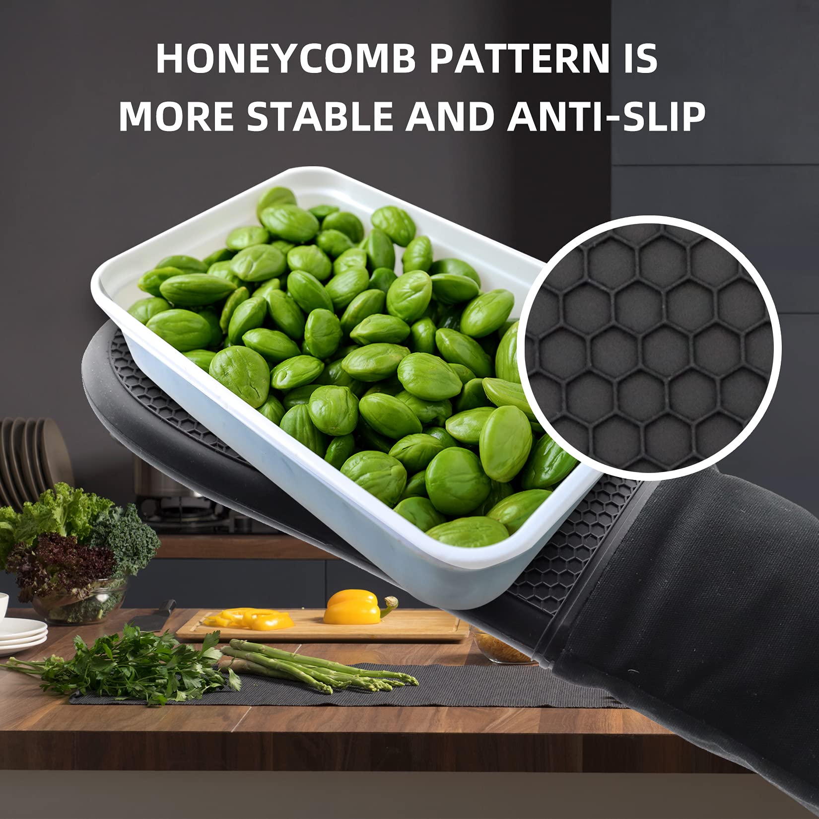 Oven Mitts and Pot Holders Sets Heat Resistant up to 500°F, Kitchen Mittens with Quilted Cotton Lining, Heavy Duty Silicon Oven Mittens Anti-Slip, Set of 3, 13 inches, Black Oven Mits