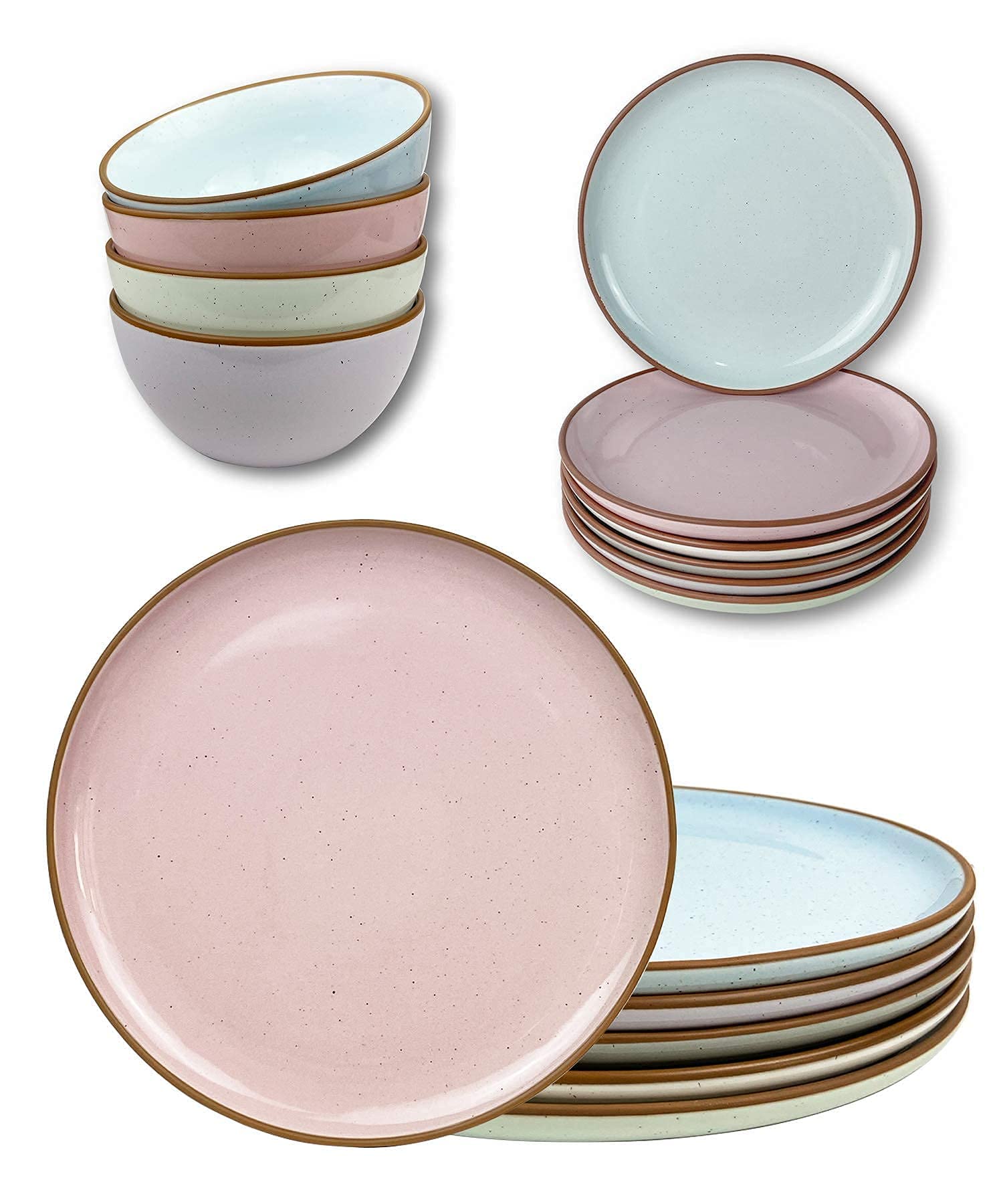 Mora Ceramic Dinner Plates, Salad Plates, Cereal Bowls Bundle. Microwave, Oven and Dishwasher Safe, Scratch Resistant, Modern Dinnerware - Assorted Colors