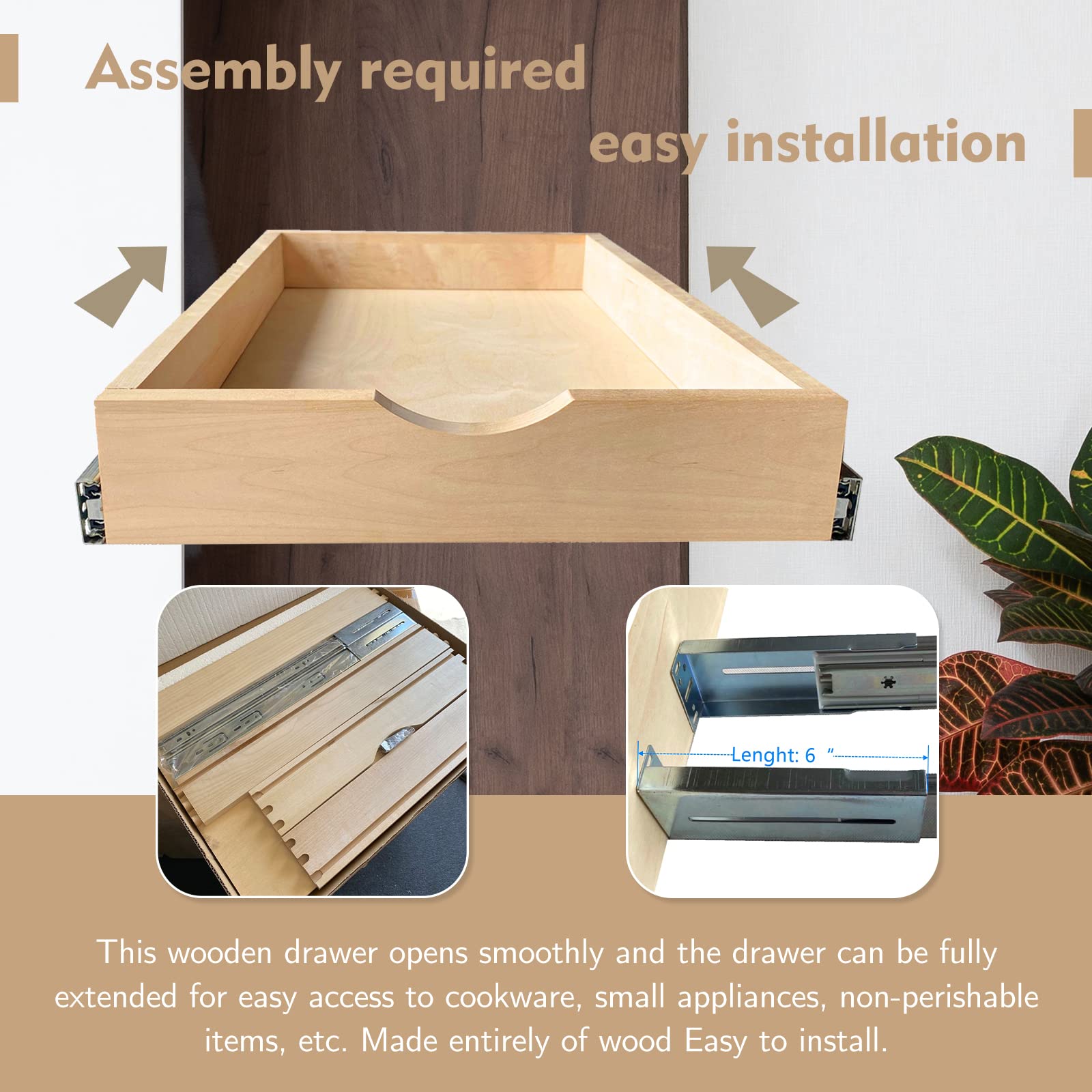 LuxursKingQYW Soft-Closing Drawer, Wood Pull Out Tray Drawer Box Kitchen Cabinet Organizer, Cabinet Slide Out Shelve, Wooden Pull-Out Shelf-Fast and Easy D.I.Y. (27" W×21" D×3" H)