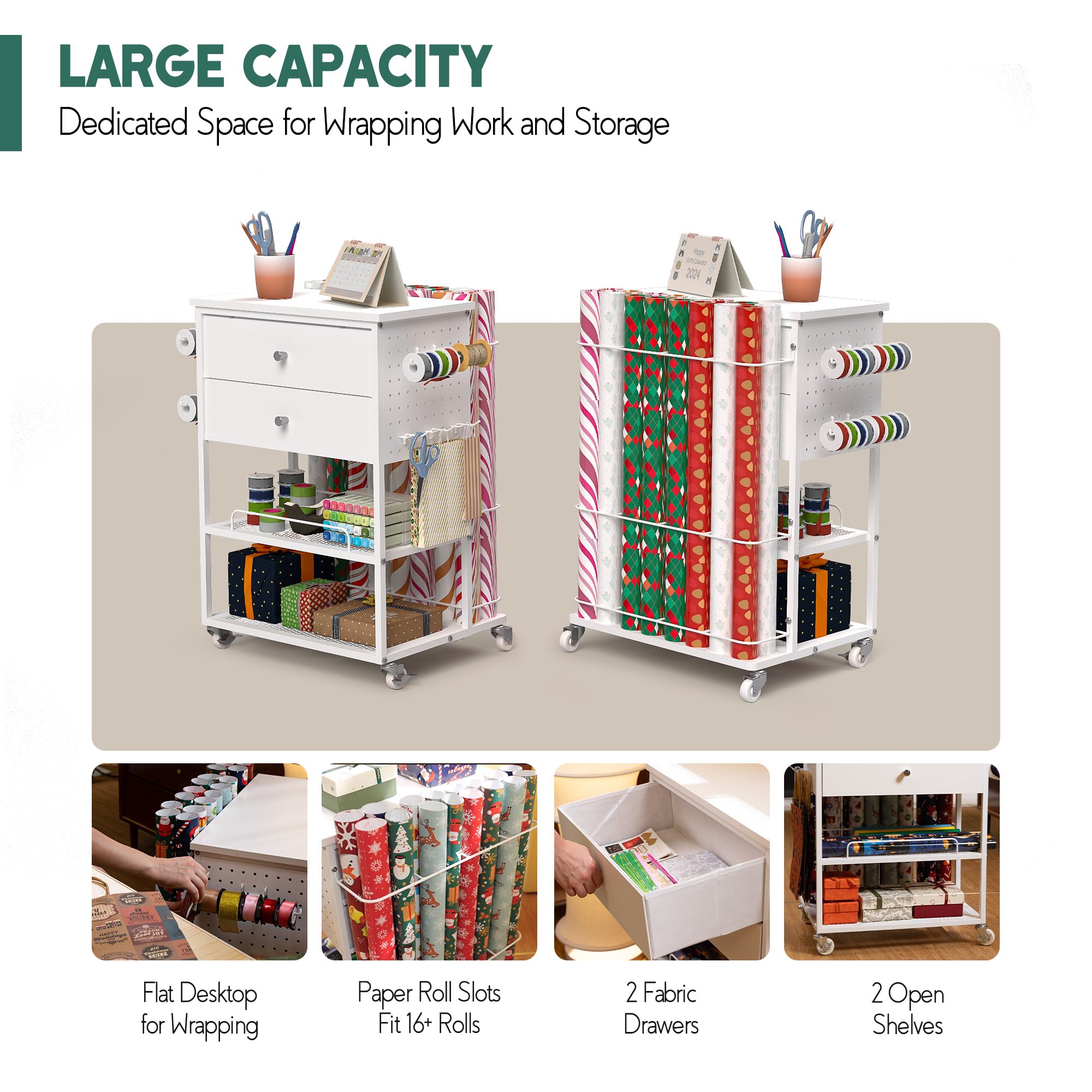 ๐ฌ๐๐บ๐ธ๐ณ๐ผ๐ถ Wrapping Paper Storage Cart, Rolling Gift Wrap Station with Ribbon and Gift Bag Storage, Wrapping Paper Organizer Holder, Craft Organizers and Storage for Christmas